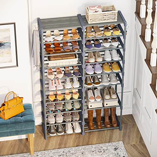 Tribesigns Shoe Rack Organizer, 36-44 Pairs Shoe Storage Shelf, 10 Tiers Shoe Stand, Shoe Rack for Closet, Boot Organizer with 2 Hooks, Stackable Shoe Tower