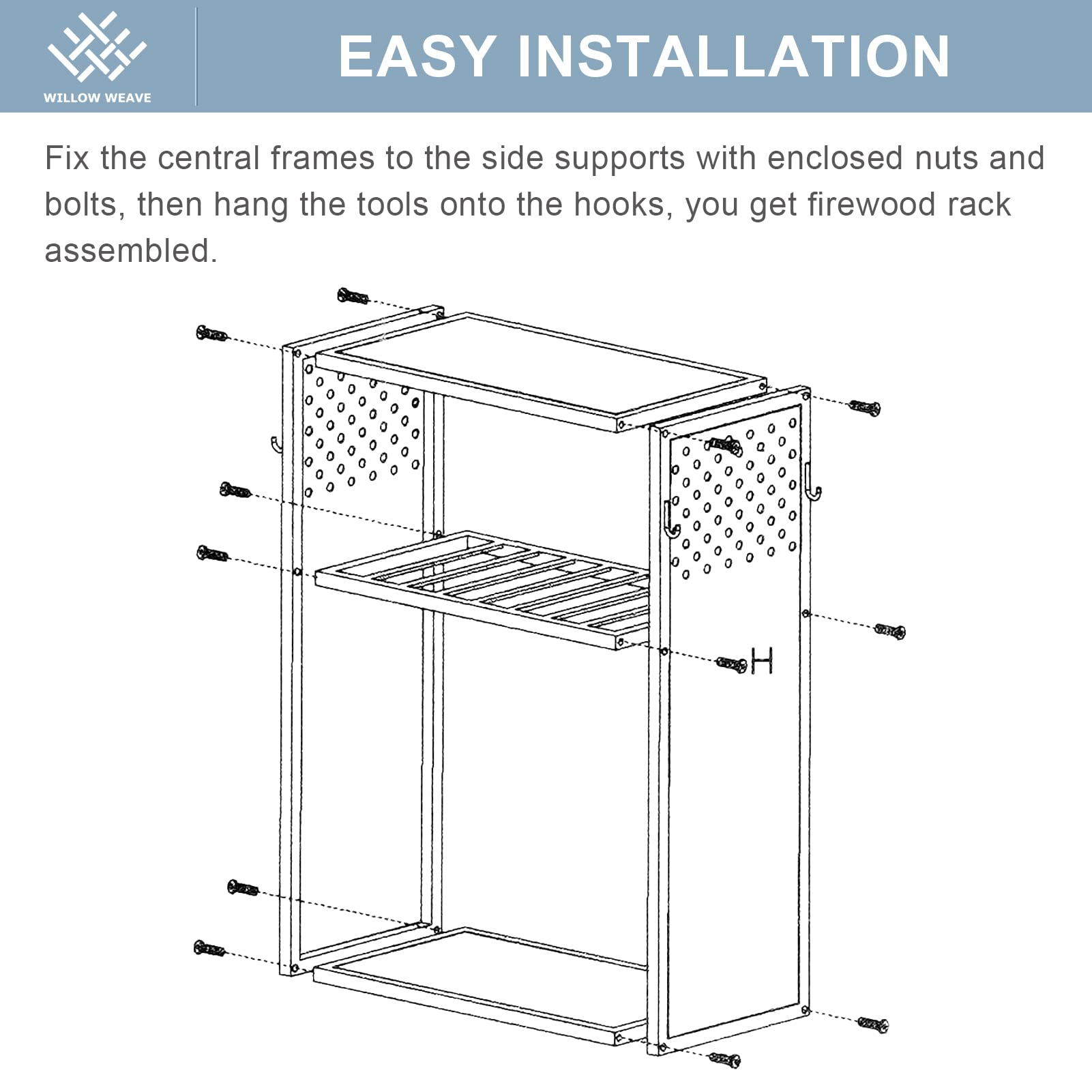 WILLOW WEAVE Firewood Rack Log Holder Wood Storage Rack 2 Layers Space-Saving Design with 4 Pieces Basic Heavy Duty Tools Easy to Put Together Great Use for Indoor Fireplace and Outdoor Firepit