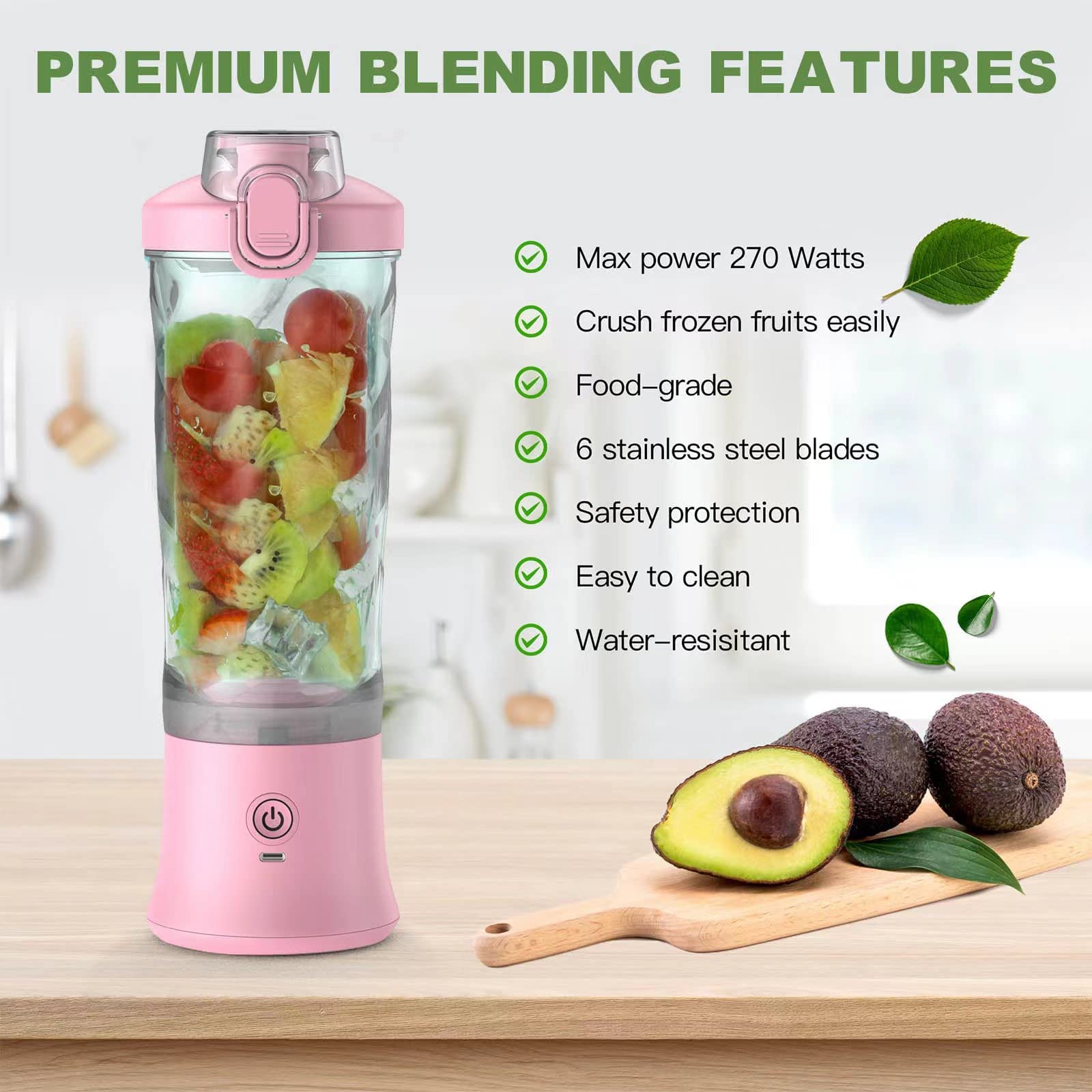 Portable Blender Personal Blender for Shakes and Smoothies with 20 Oz Travel Cup and Lid for Traveling, Outdoor, Gym, Office. (Pink)