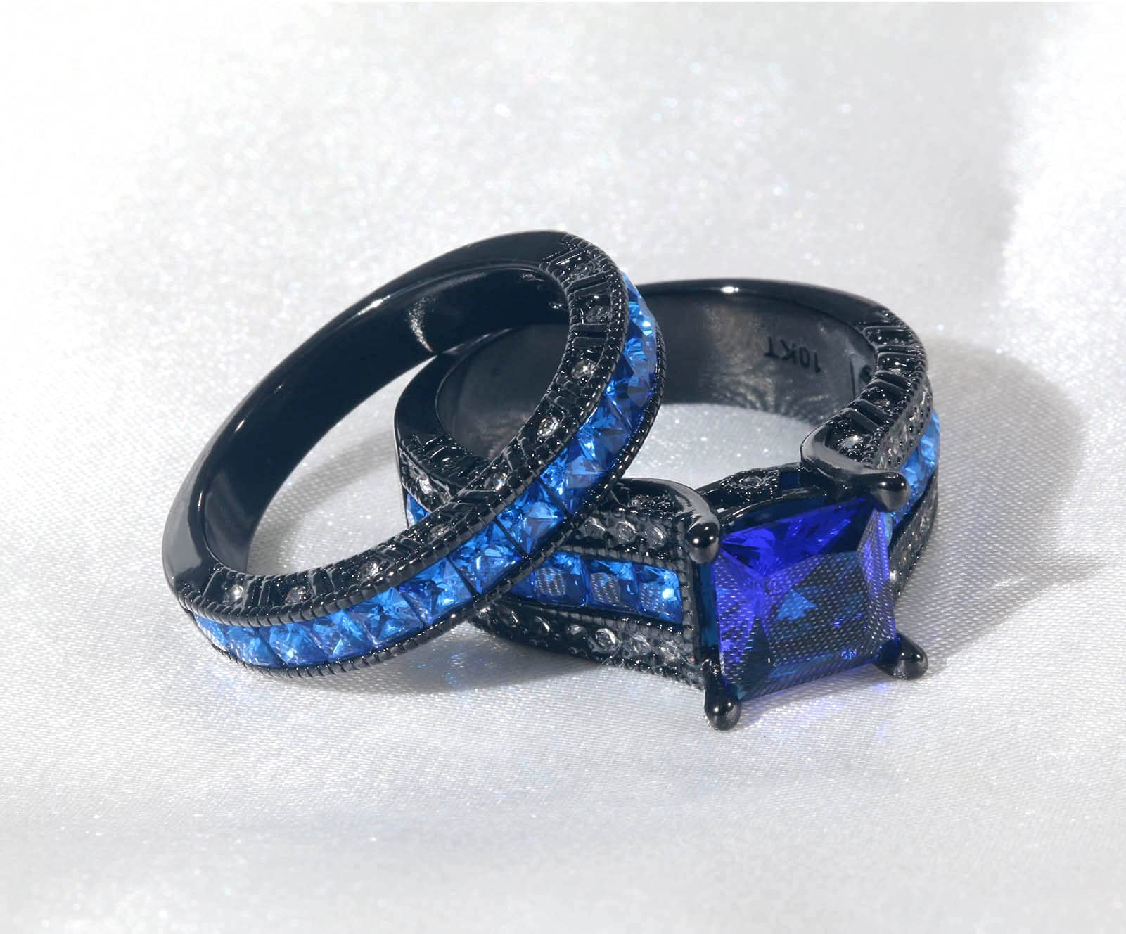 Bridal Sets Luxury Black Gold Plated Womens Wedding Ring Sets Princess cut 8mm Blue Cz Engagement Ring