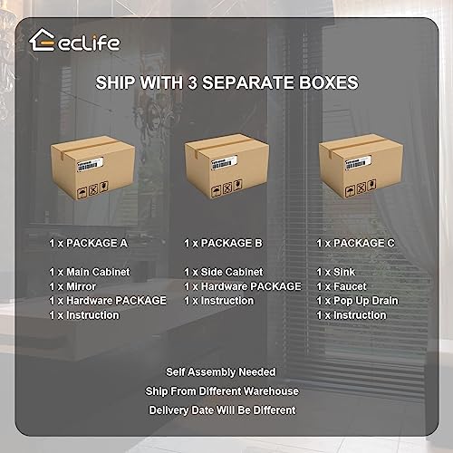 eclife 36" Bathroom Vanity Sink Combo White W/Side Cabinet Set Blue Boat Tempered Glass Vessel Sink & ORB Water Save Faucet & Solid Brass Pop Up Drain, W/Mirror (A29BU B02W)