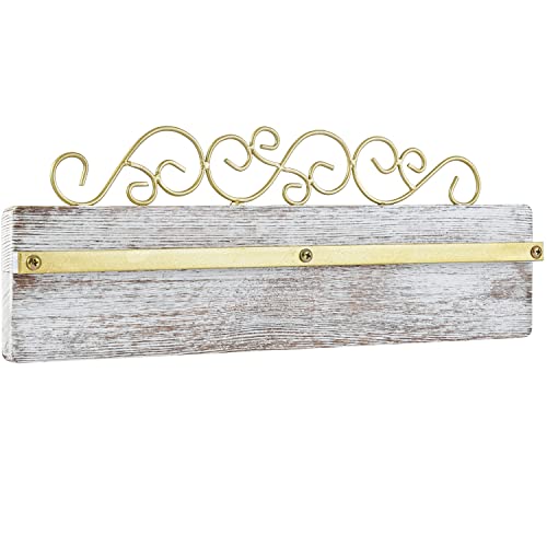 MyGift Vintage Whitewashed Wood Wall Mounted Sunglasses Rack, Entryway Glasses Holder Eyewear Display with Rail Hanger and Scrollwork Brass Tone Metal Design