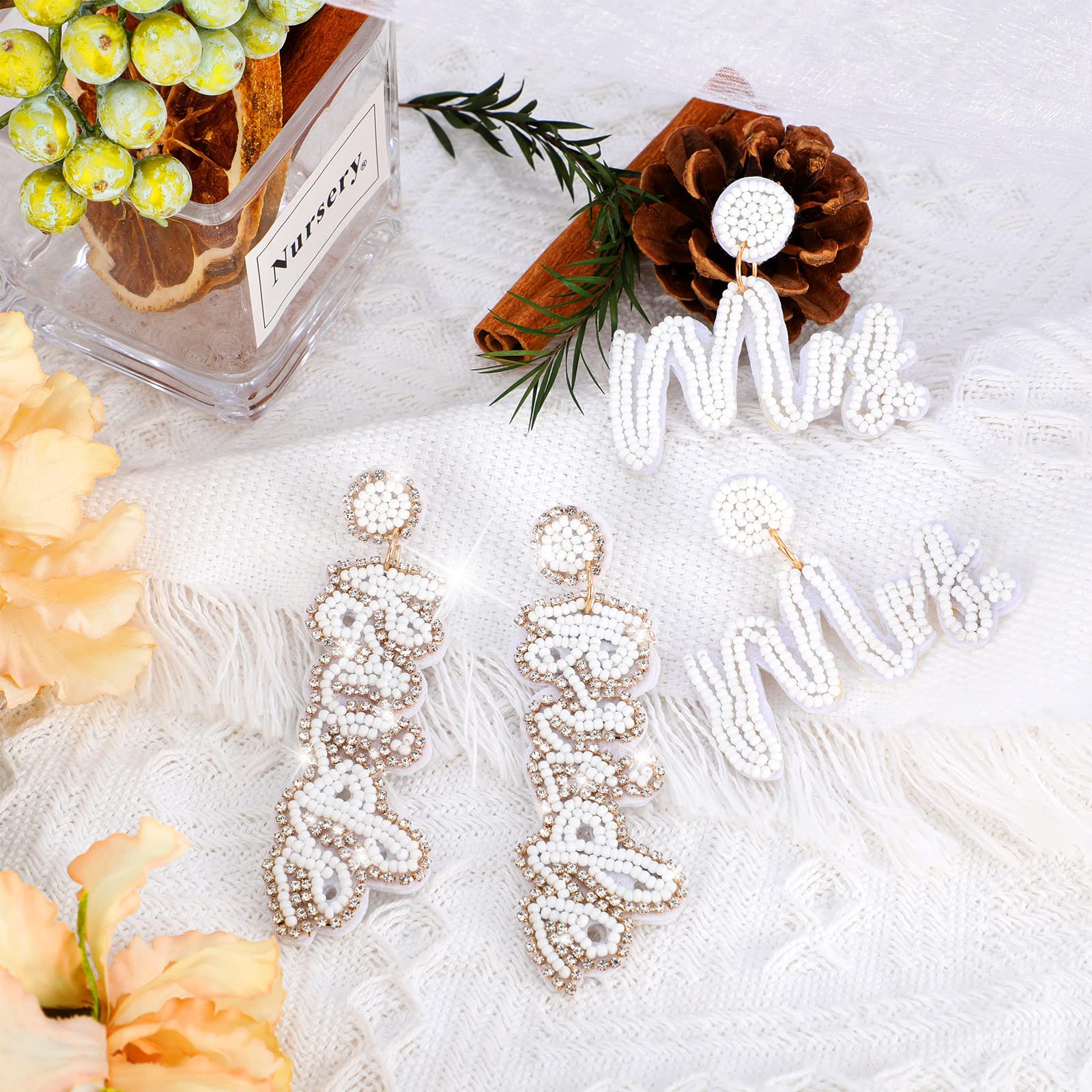 Bride and Mrs Earrings Set Bride Beaded Wedding Earrings Handmade Statement Mrs Dangle Earrings for Women (Romantic Style)