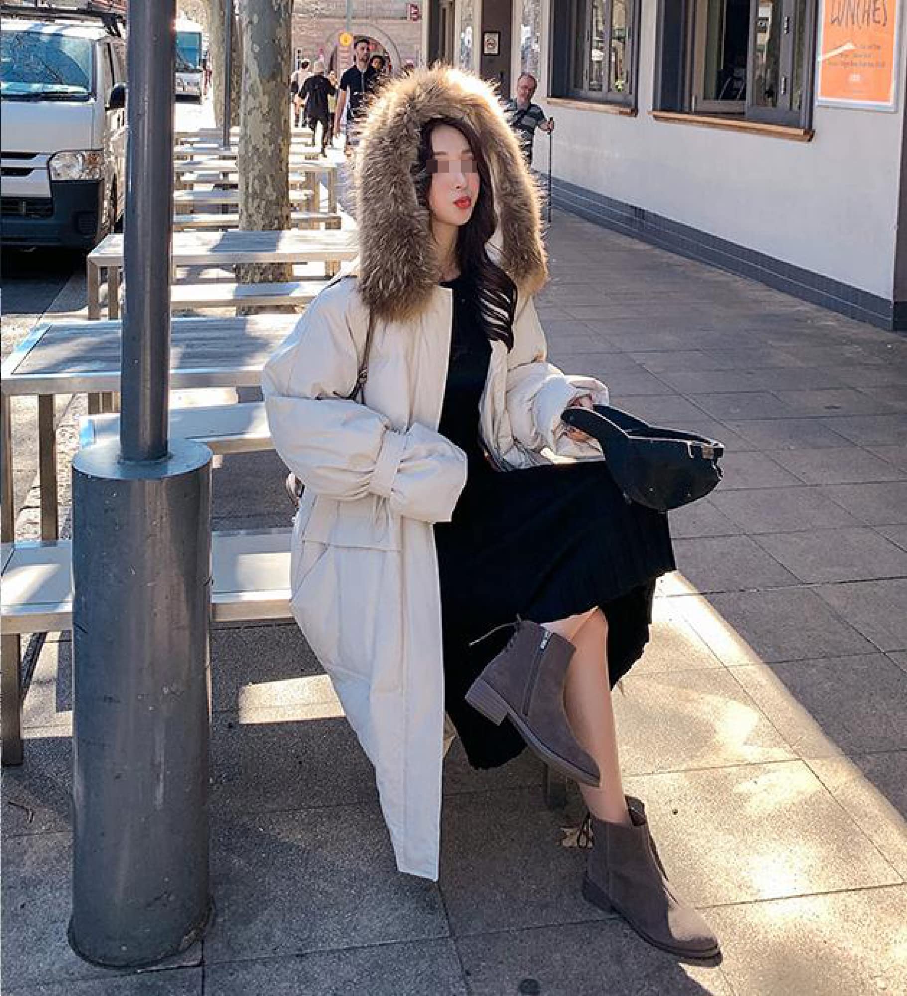 BLFYQB Down Padded Women in The Long Section Thigh Winter Loose Hooded Coat Thicken The Little Man Jacket Coat Soft and Comfortable/Beige/S