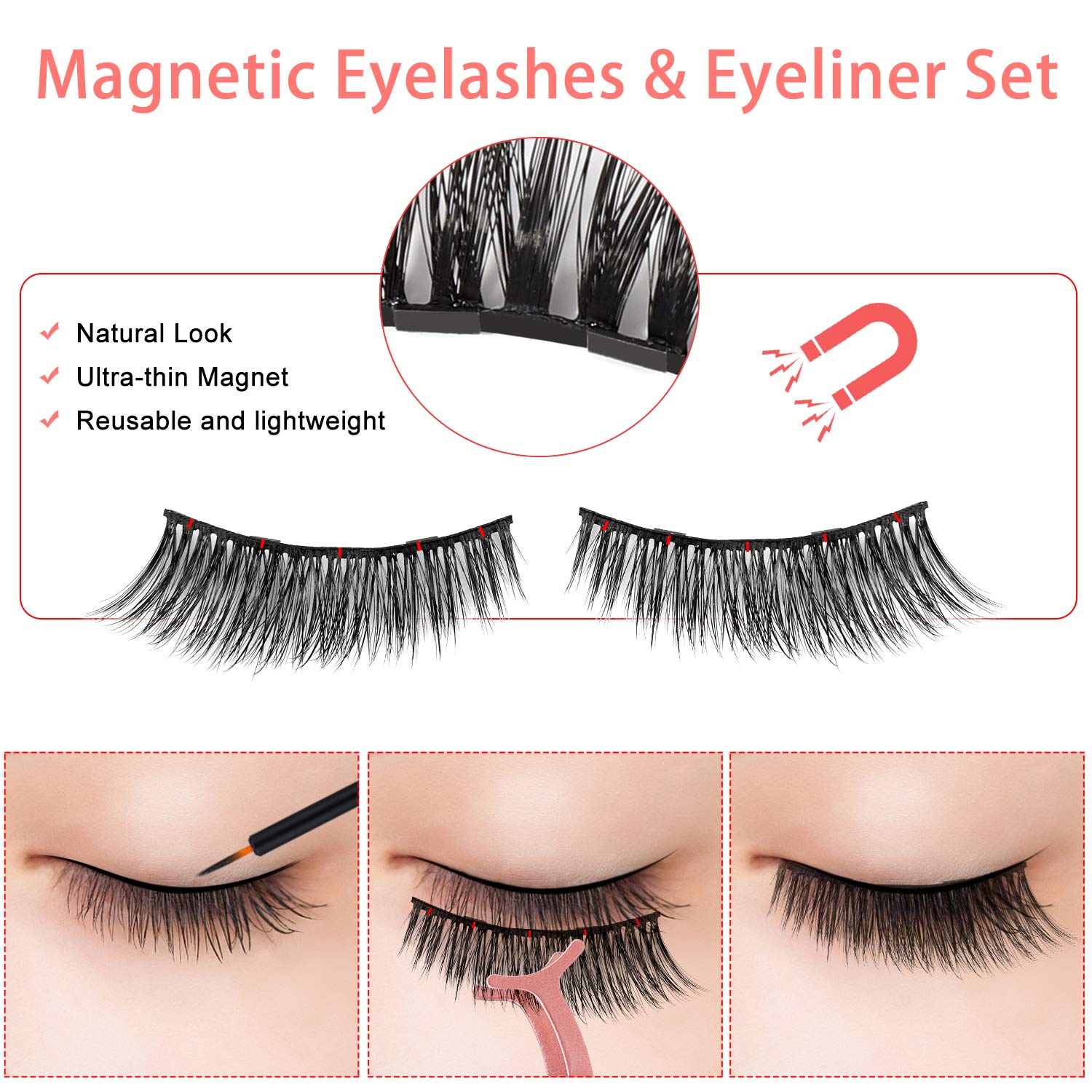 Brightup Magnetic Eyelashes with Eyeliner, 6 Pairs 3D Natural Look Reusable False Magnetic lashes, 2 Tubes Long Lasting Magnetic Eyeliner, Twinkle Mirror Box with Tweezers, Ideal For Gift