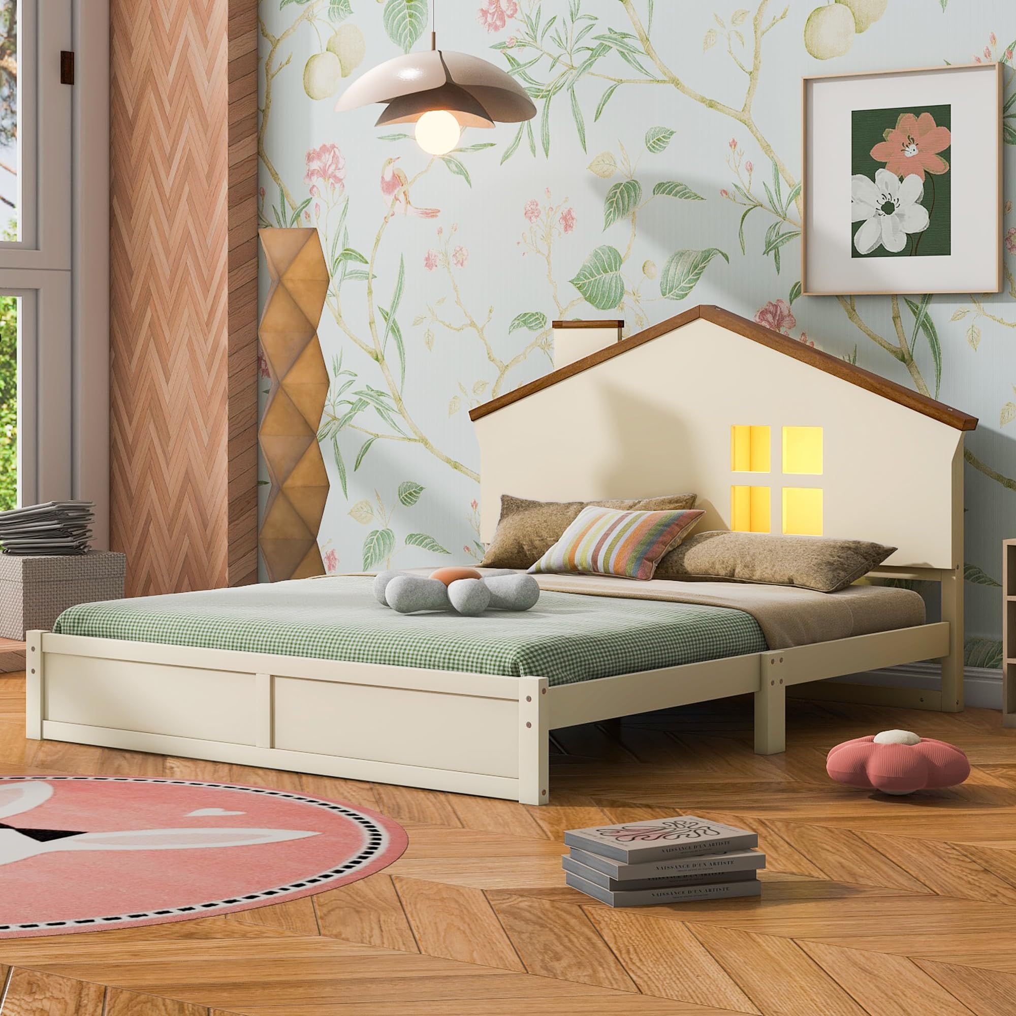 Harper & Bright Designs Full Size Bed Frame with House-Shaped Headboard, Wood Kids Platform Bed with Built-in LED, Cute Single Bed for Girls Boys, No Box Spring Needed (Full,Walnut+Milk White)