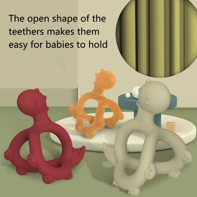 BIGSPINACH 3D Dinosaur Chew Teething Rings for Babies 0-24 Months with Pacifier Clip, Bpa Free Food Grade Silicone Teething Toys, Hand Teethers for Babies (Beige)