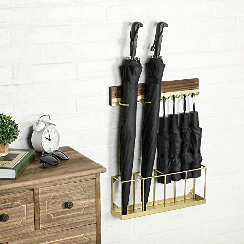 MyGift Wall Mounted Brass Metal Entryway Umbrella Holder and Key Rack Organizer with Solid Wood Accent Backing, 2 Piece Set