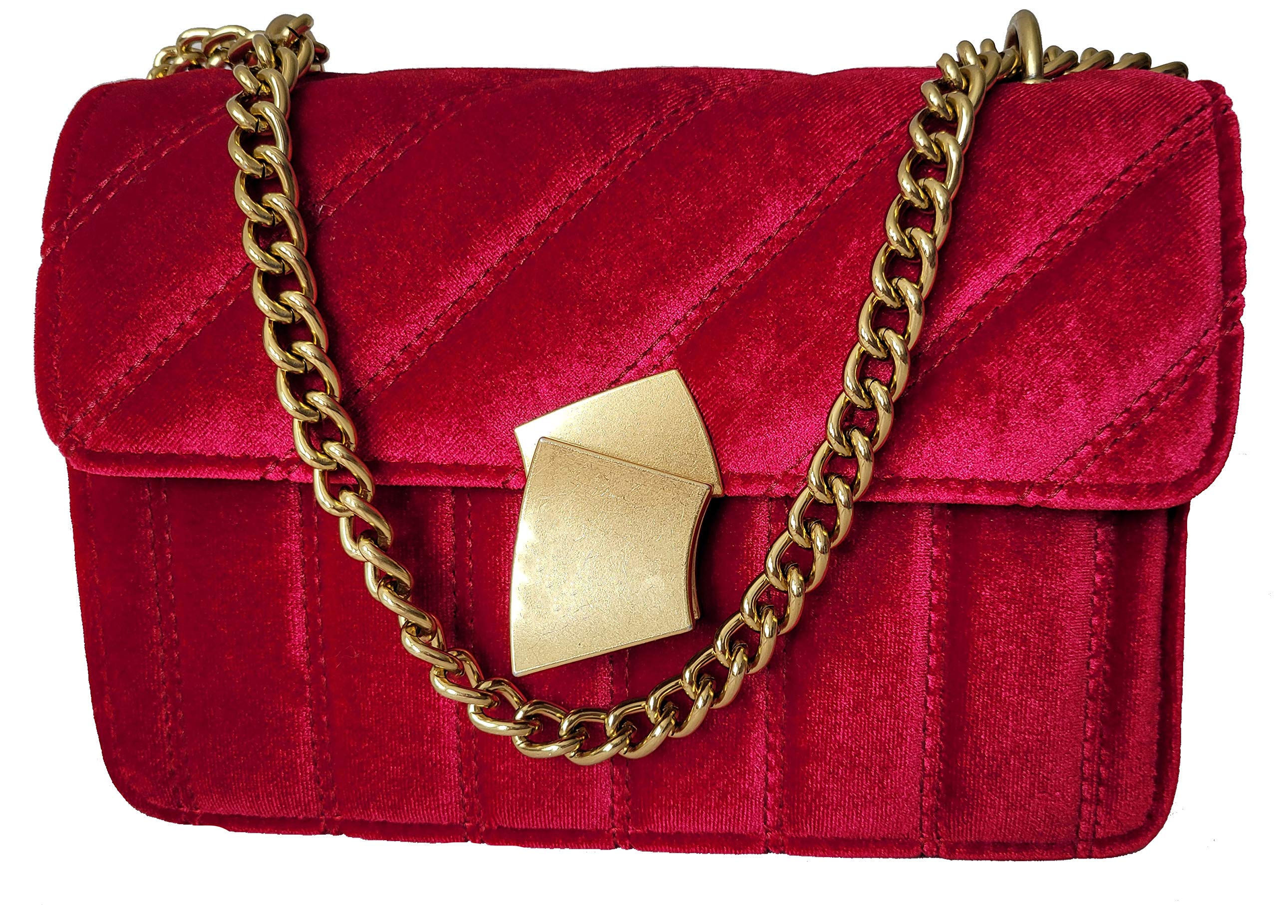 Kalyanam Luxury Handbags Velvet Crossbody Bag women Vintage bag Velour Special Lock Ladies Chain Messenger Bags, Small, Red
