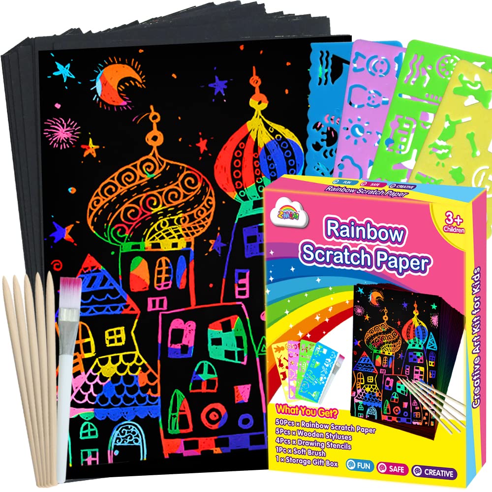 ZMLM Gift Christmas for Girl Art-Craft Kit: Rainbow Scratch Paper Magic Art Craft Project Supply Toddler Drawing Activity Kid Travel Toy Age 3-12 Year Old Birthday Gift