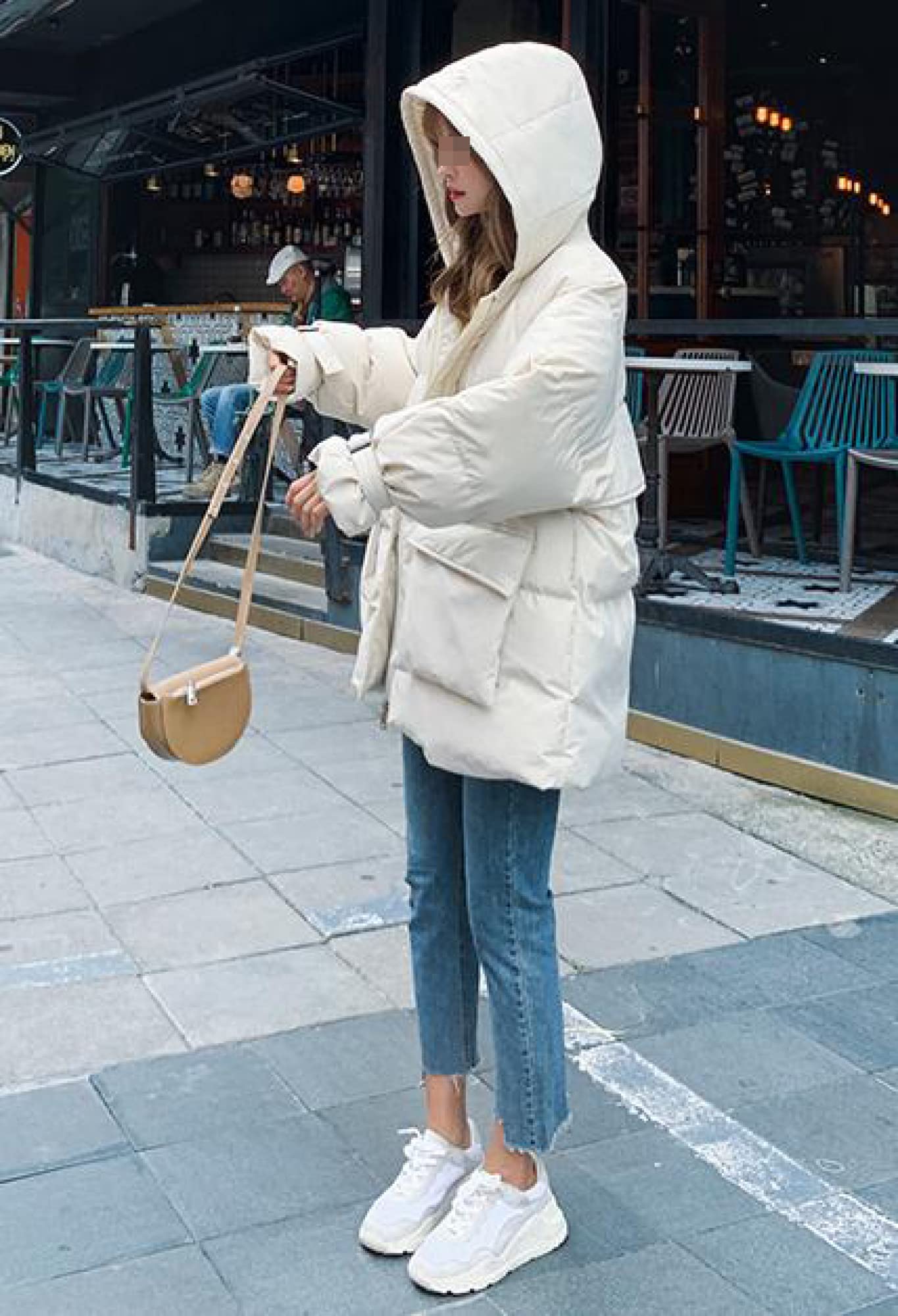 BLFYQB Padded Women Loose Short Paragraph Student Thicken Bread Service Cotton Jacket Winter Cotton-Padded Jacket Fit The Wrist Cuffs/Beige/S