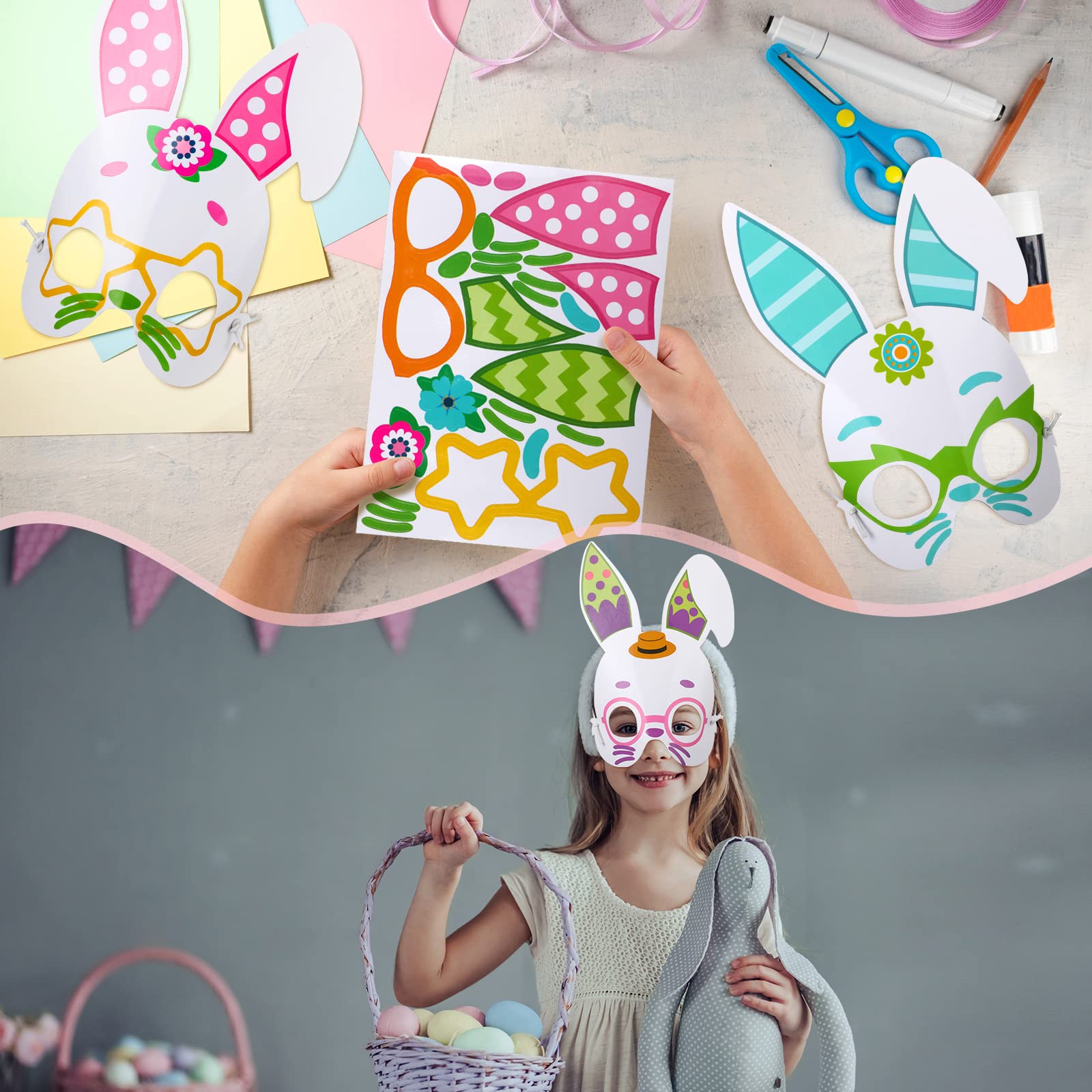 Spakon 60 Pieces Easter Bunny Mask Craft Kits Novelty Easter Rabbits Craft Kits Personalized Bunny Characters for Kids Fun Home Activities DIY Arts Craft Self Adhesive