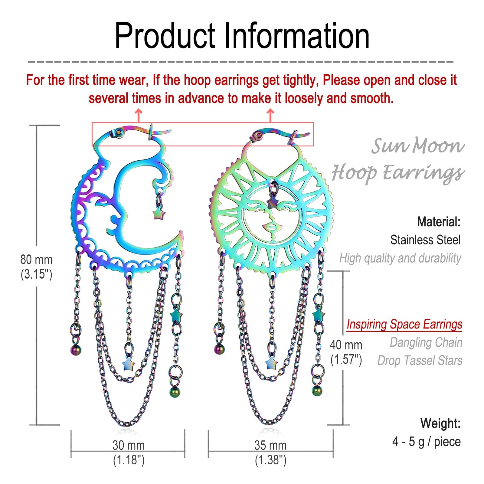 AntDear Asymmetrical Sun and Moon Earrings for Women Dangling, Rainbow Boho Earrings Star Tassel Chain Drop Dangle Statement Earrings Stainless Steel Bohemian Jewelry (Rainbow)