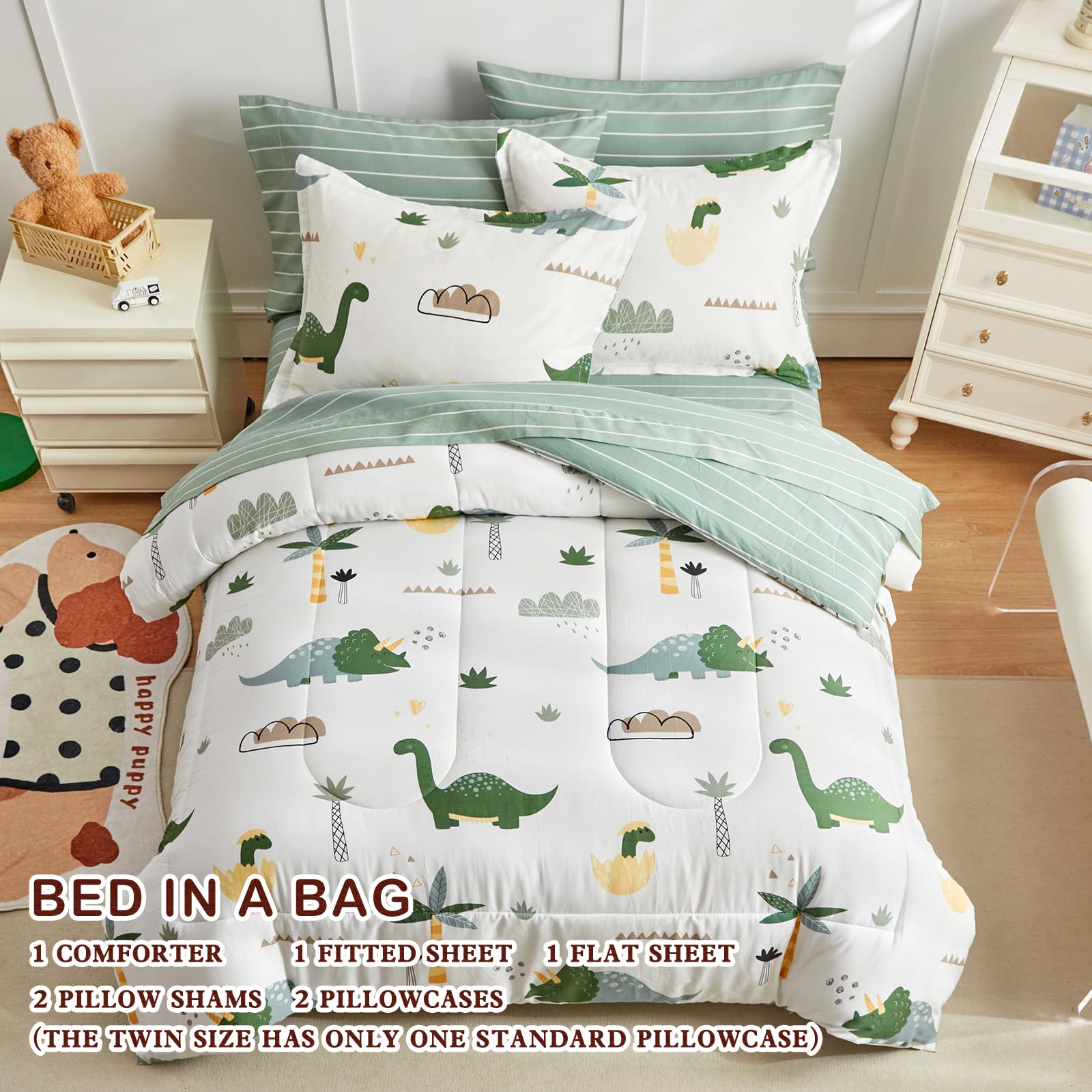 Joyreap Bed in a Bag Cotton, Dinosaur Theme Fresh Green, Twin Size 6-Piece Cotton Bedding Comforter Set for Kids Boys n Girls- 1 Comforter, 2 Pillow Shams, 1 Flat Sheet, 1 Fitted Sheet, 1 Pillowcase