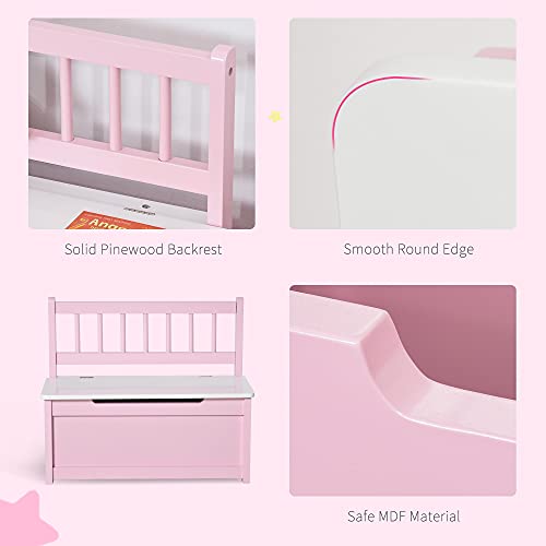 Qaba 2-in-1 Kids Wooden Toy Organizer Chest Storage Box with Seat Bench Cabinet Chunk Cube with Safety Pneumatic Rod Pink
