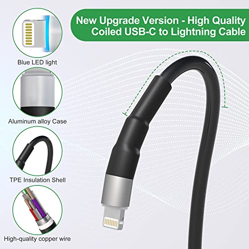 Coiled USB C to Lightning Cable, Apple Carplay Cable [Apple MFi Certified] Retractable iPhone Charger Cord with Data Sync and Blue LED, Coiled Lightning Cable Carplay Compatible with iPhone Pad Pod
