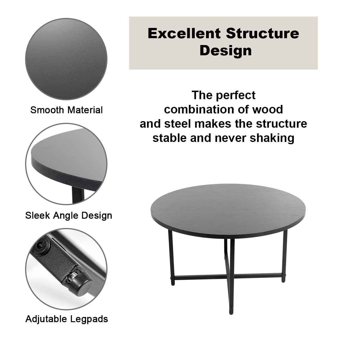 Round Coffee Table Modern Coffee Table Sofa Table Tea Table for Living Room, Office Desk, Balcony, Wood Desktop and Metal Legs,23.6inch Black