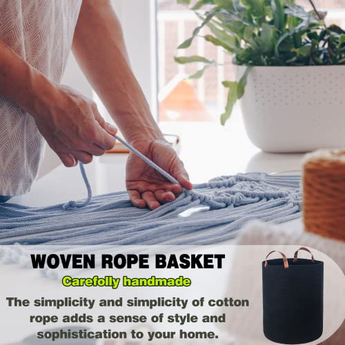 Twira Extra Large 20x16 Inches Cotton Rope Basket, Woven Baby Laundry Blanket Basket with Leather Handle Toy Basket Storage Baskets Bin for Yoga Mat & Towel (Black)