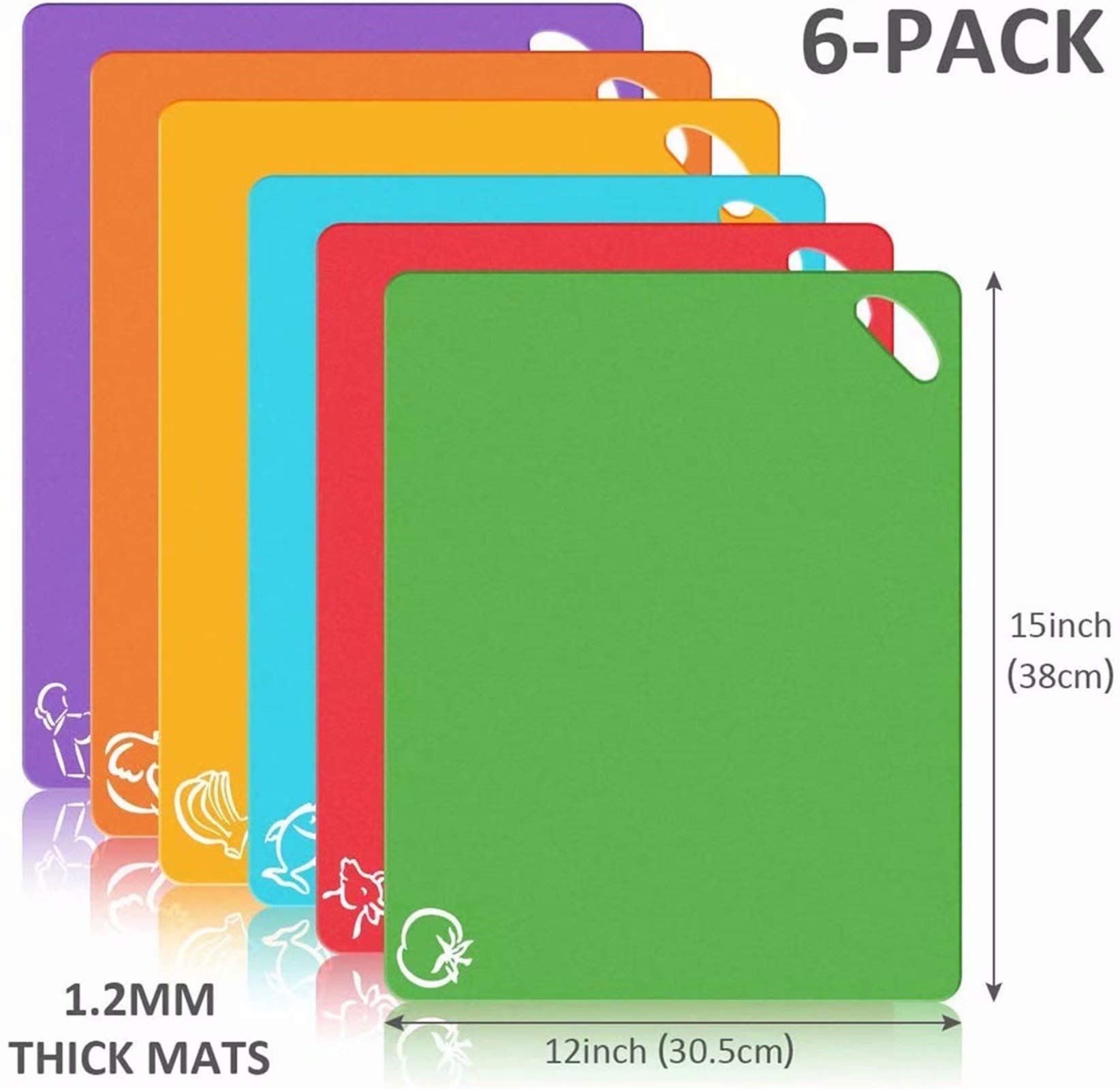 Bedoo, Extra Thick Flexible Plastic Kitchen Cutting Board, Set of 6 Mats With Food Icons & Easy-Grip Handles, BPA-Free, 12 x 15in, 6 colors set