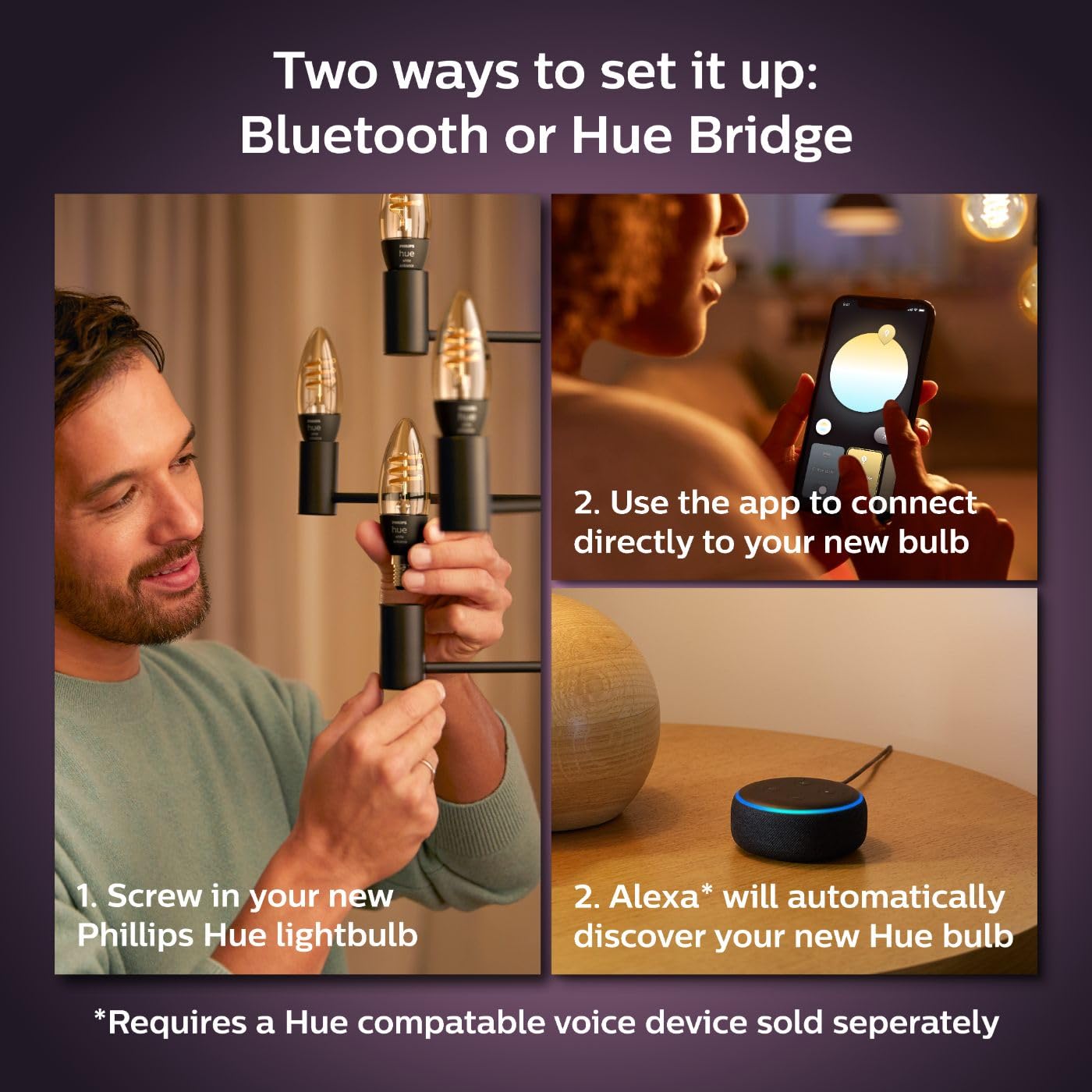 Philips Hue White Ambiance Filament E12 Candle Bulb Full Range of White Light, Compatible with Alexa, Google Assistant, and Apple HomeKit, Black