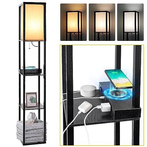Floor Lamp with Shelves, Black Shelf Floor Lamps with Wireless Charger, Corner Floor Lamp with USB + Type C Charging Ports & 2 AC Outlet, 3 Color Temperature Floor Lamp for Bedroom Living Room Office.