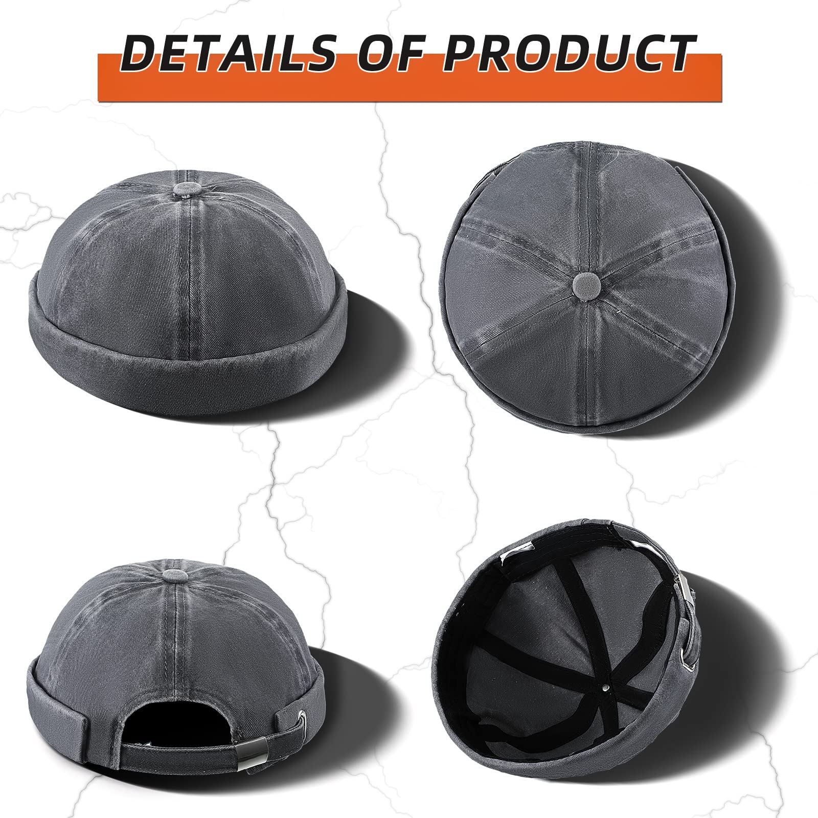 Brimless Hats for Men, 4 Pack Docker Cap Denim No Brim Hat Retro Flip Hat Vintage Rolled Beanie Skullcap, Adjustable