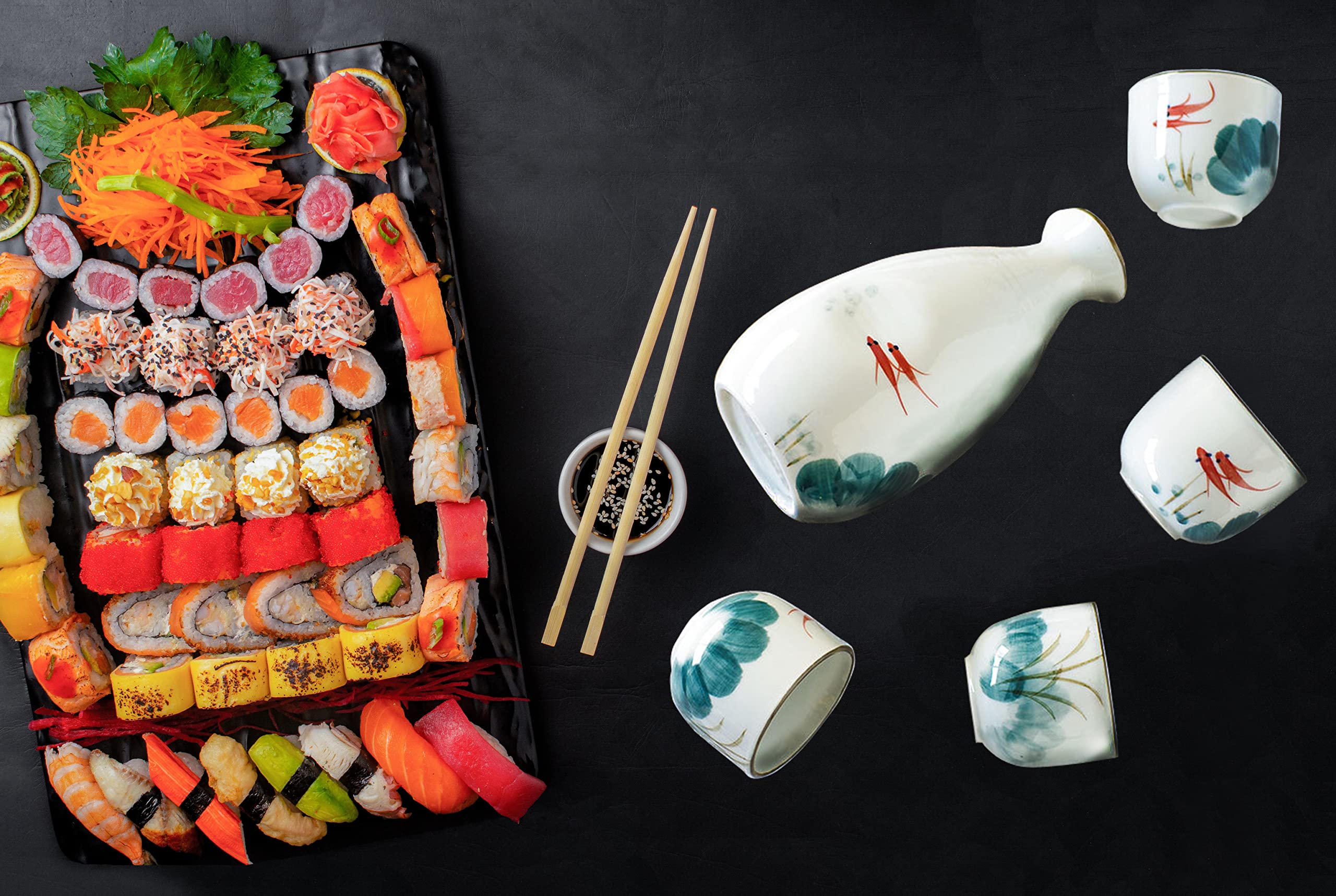 Caalio Japanese Sake Set - Porcelain Sake Tokkuri Bottle 8 fl oz and Four Sake Ochoko Cups 2 fl oz Sake Cups Soju Tea Set(Goldfish)