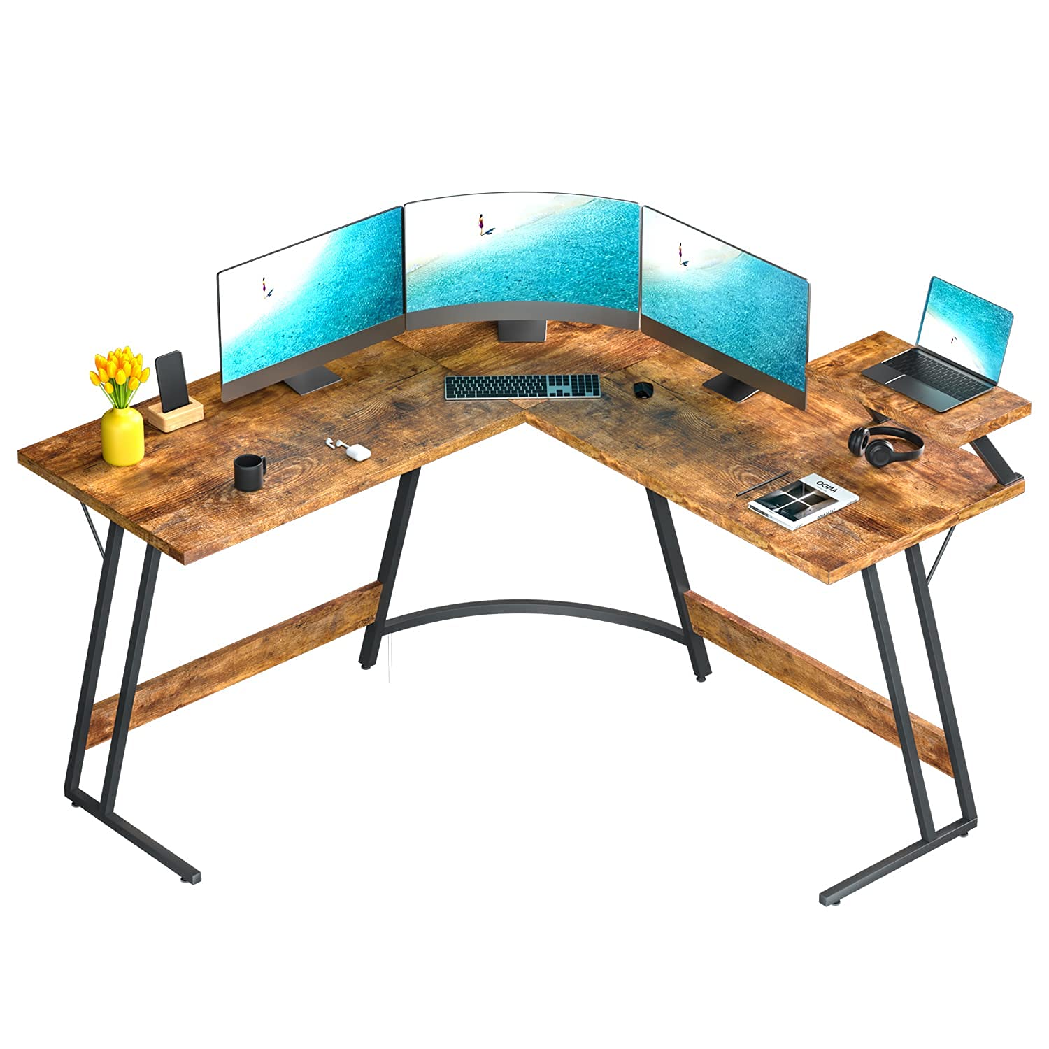 Devoko L Shaped Gaming Desk Computer Desk 51β Office Corner Desk with Monitor Stand Home Gaming Writing Study Table Workstation for Small Space (Rustic Brown)