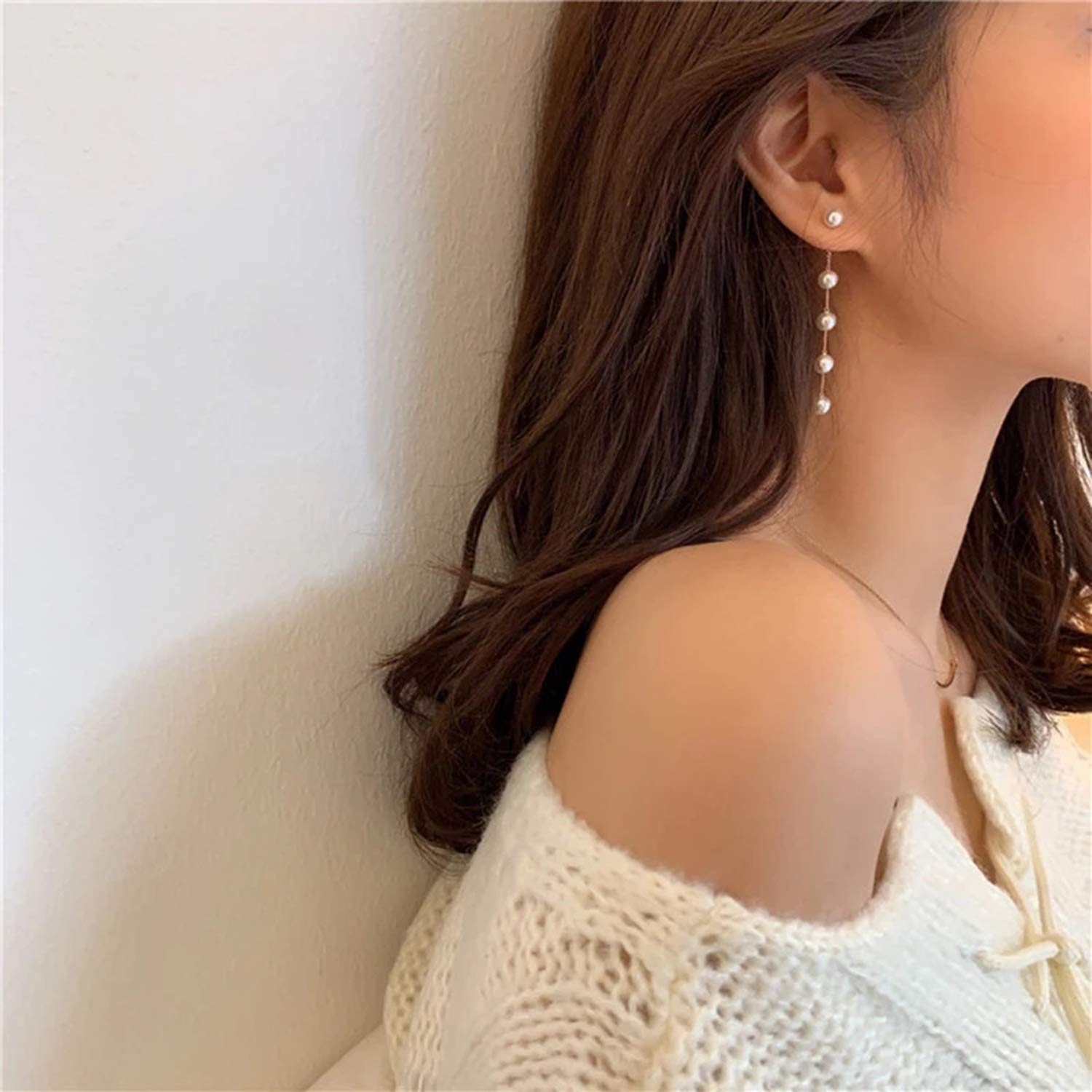 Big Simulated Pearl Long Tassel Drop Earrings for Women Double Sided Front Back Cross Imitation Pearl Dangle Earrings