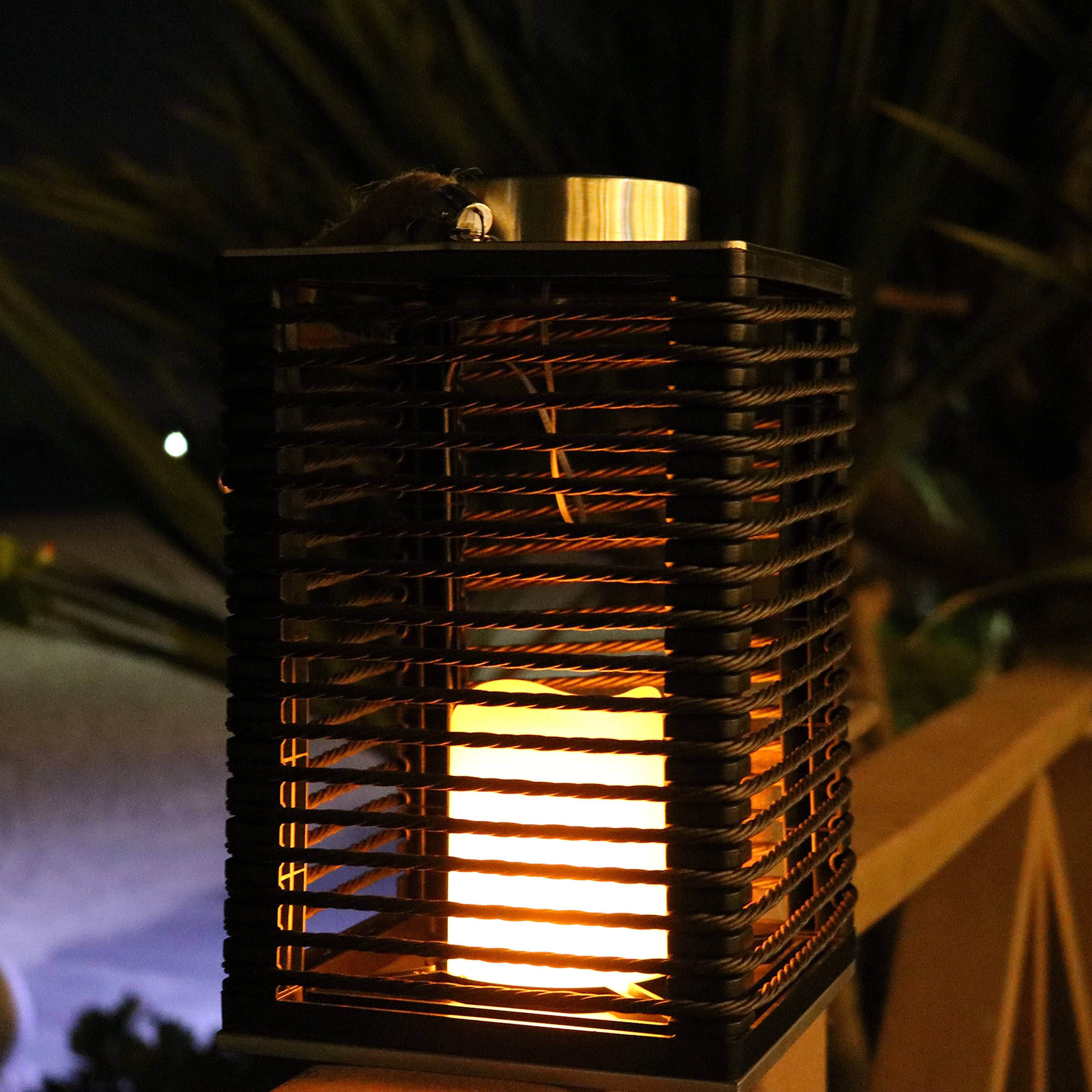 Solar Lanterns Solar Table Lamp Outdoor Rattan Lantern with Flickering Candle & Handle, for Garden Wedding Home, 1 Pack