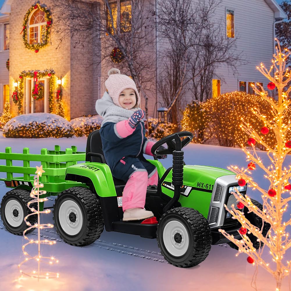 Nasitip 12V Battery Powered Electric Tractor with Trailer, Toddler Ride On Car w/Remote Control/7-LED Headlights/2+1 Gear Shift/MP3 Player/USB Port for Kids 3-6 Years (Green, 25W/Tread Tire)