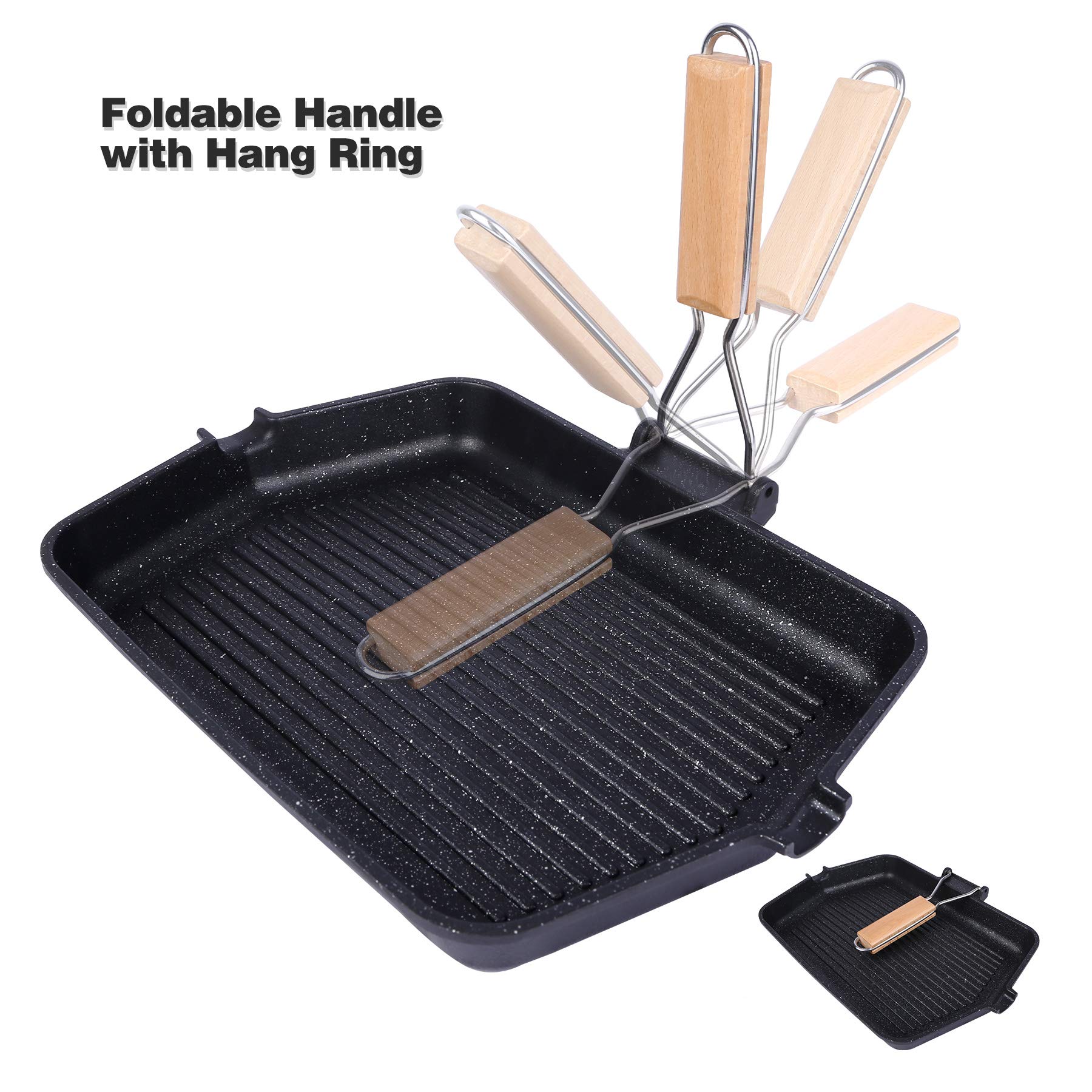 CAMPMAX Grill Pan with Folding Handle, Non-stick Grill Pan for Stove Tops, Induction Compatible KBBQ Grill Pan 14.5x9.9β