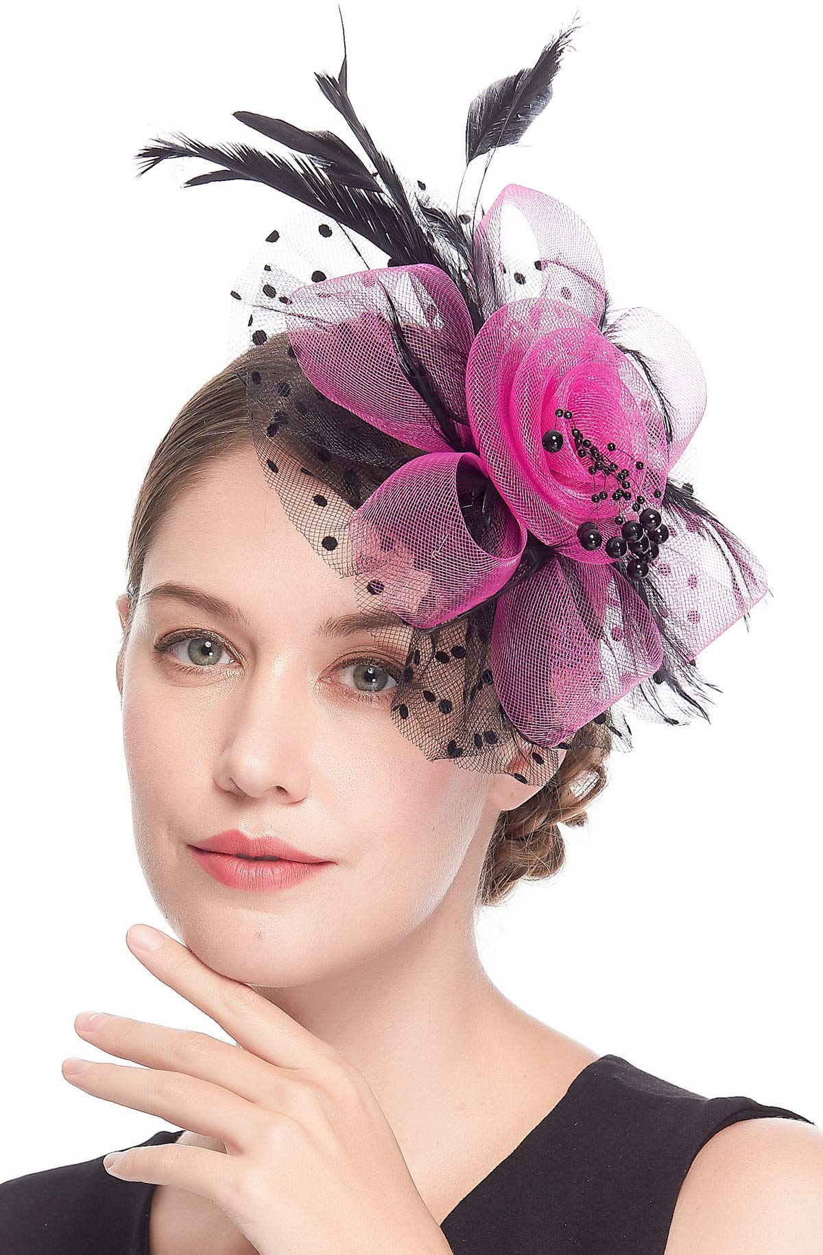 Fascinators for Women Tea Party Headband Kentucky Derby Wedding Cocktail Flower Mesh Feathers Hair Clip (Rose &Black)