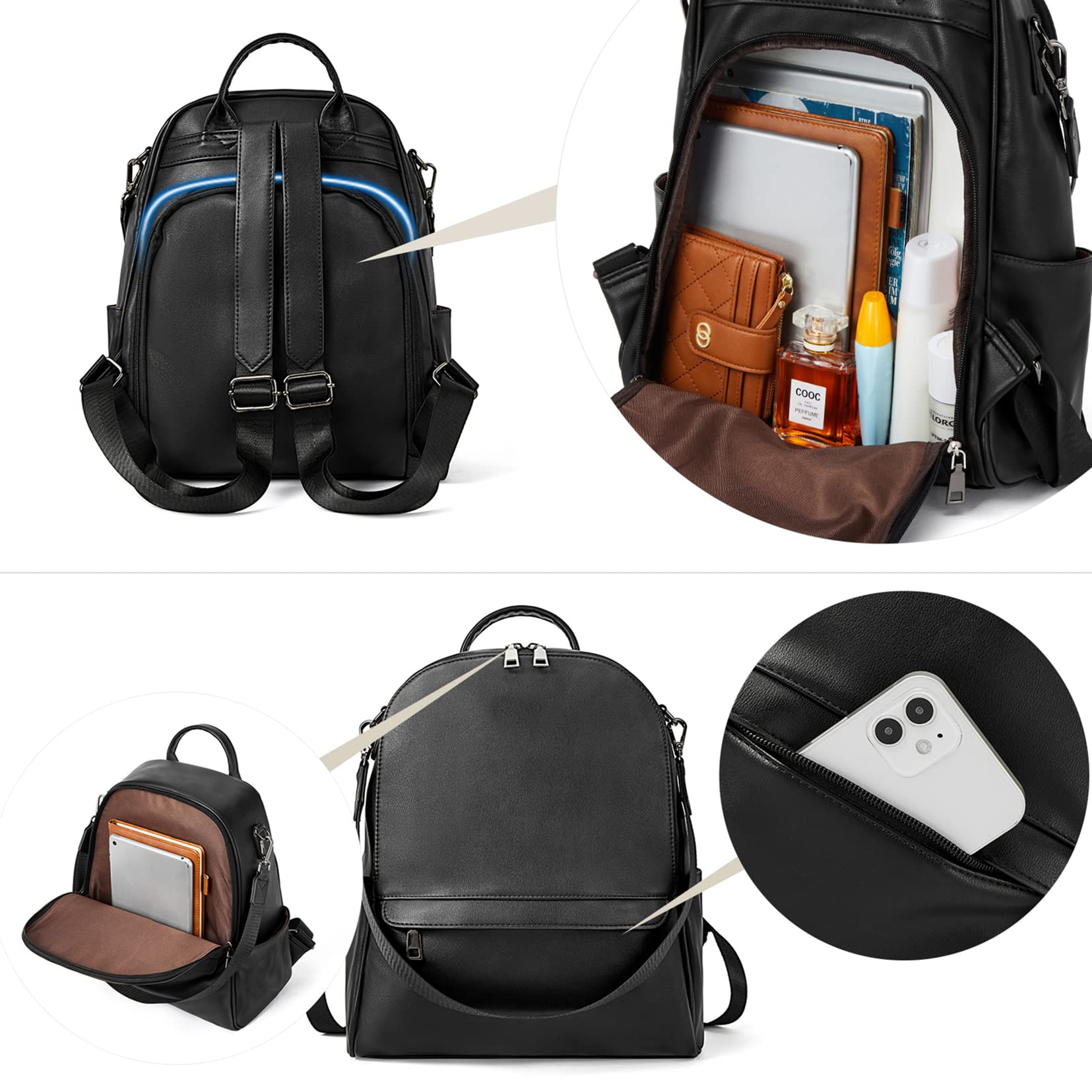 BROMEN Backpack Purse for Women Fashion Anti-theft Backpack Vegan Leather College Shoulder Handbag Black