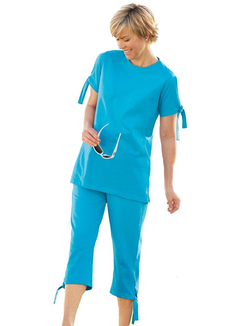 ANTHONY RICHARDS Women's Capri Pantset with Slit Ties Casual Two Piece Outfit Turquoise 3X