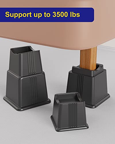 Nachell Adjustable Bed Furniture Risers 12 Pack Bed Lift Risers Elevation in Heights 3, 5 or 8 Inches Heavy Duty for Caster Wheels or Posts of Bed Table Couch, Support up to 2500 lbs. (8 Inch, Black)