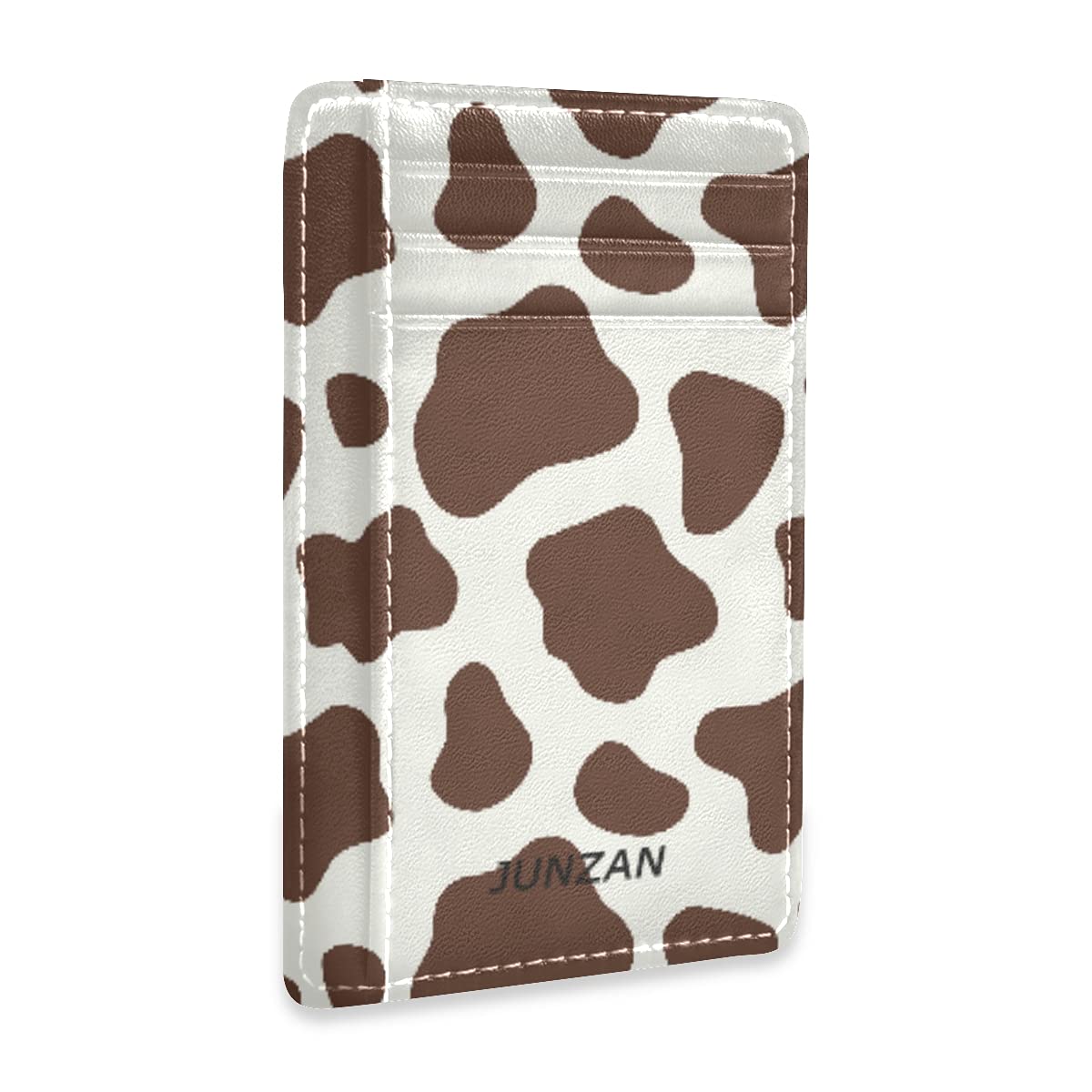 JUNZAN Slim Wallet Brown Cow Print Minimalist Wallets for Men Women Leather RFID Blocking Front Pocket Card Holder