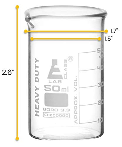 EISCO Heavy Duty Beaker, 50ml - 5mm Thick, Uniform Walls - Superior Durability & Chemical Resistance - White Graduations - Borosilicate 3.3 Glass