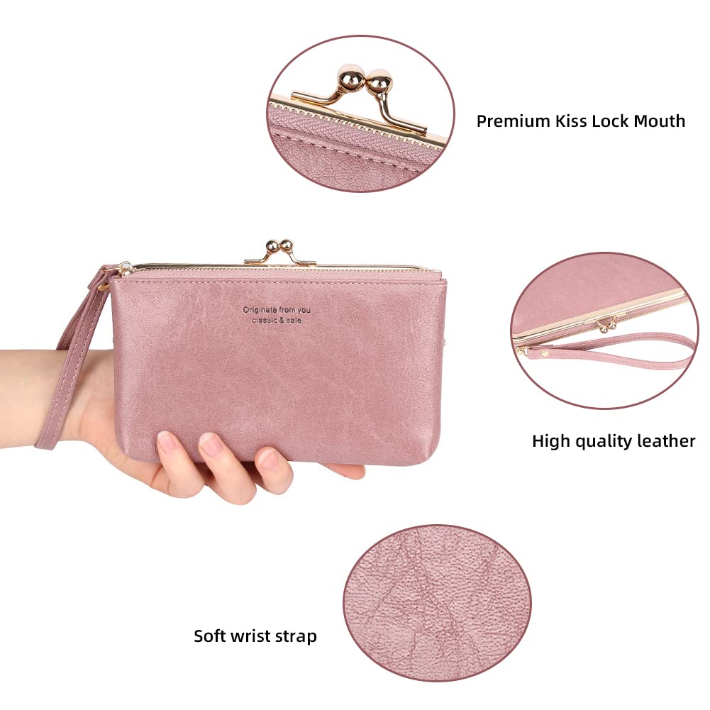 Yohora Wristlet Clutch Slim Leather Wallet Kiss Lock Handbag with Cellphone Pocket Retro Lightweight Pure Mini Coin Pouch