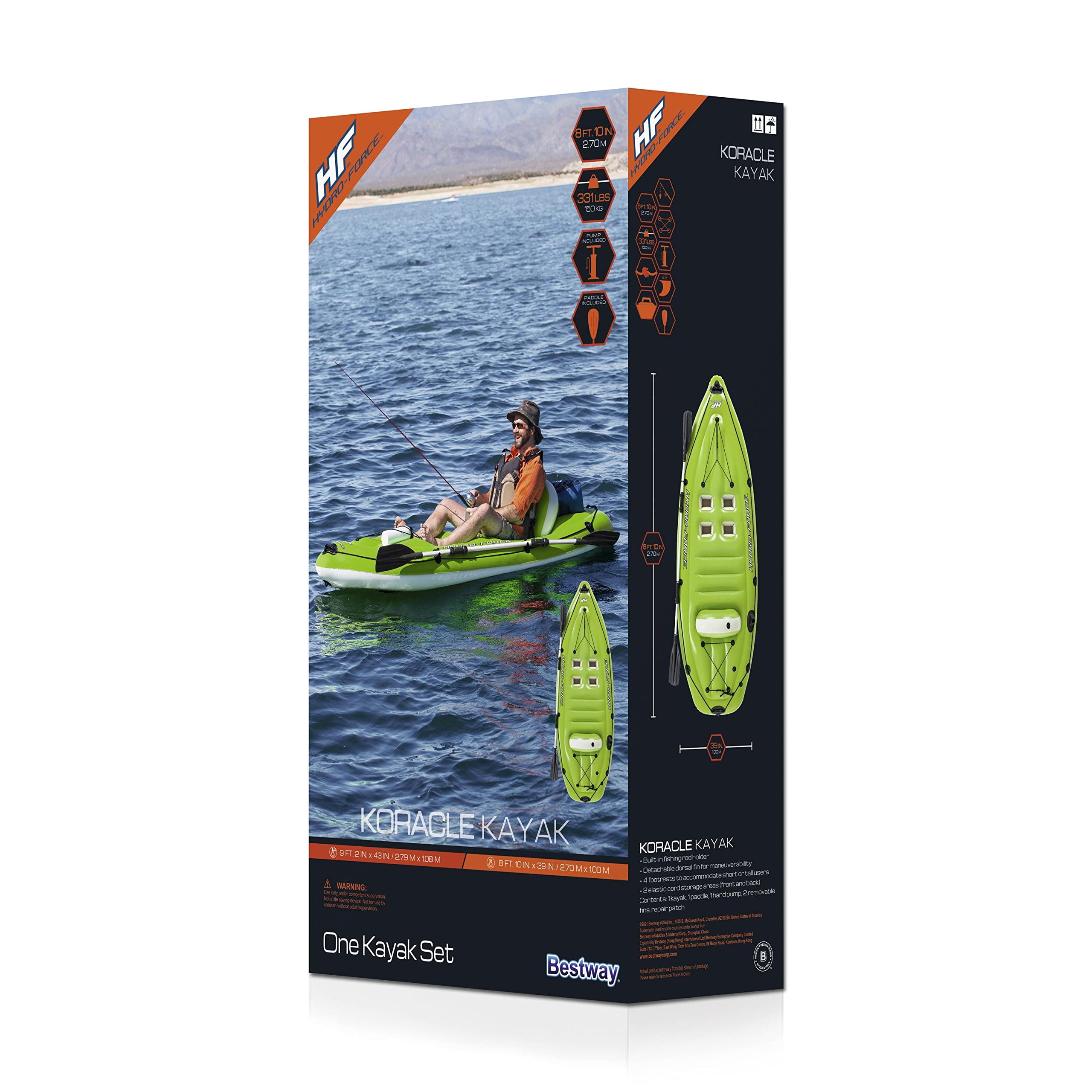 Bestway Hydro-Force Koracle Inflatable Kayak Set, Includes Double-Sided Paddle, Built-In Oar Clasps, Fishing Rod Holders, & Storage Compartments, Convenient & Portable Kayak w/Hand Pump, Model: 65097E