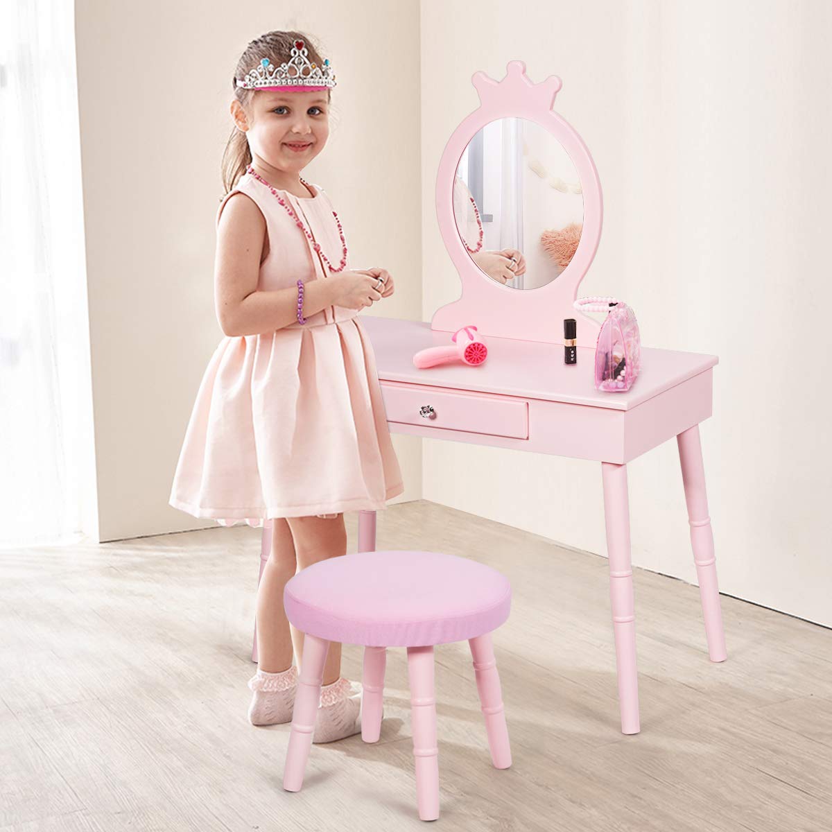 GOFLAME Kids Vanity Set, Princess Dressing Table Set, Wooden Dresser, Little Girls Makeup Table and Stool Set, Pretend Beauty Play Set with Real Mirror, Pull-Out Drawer and Cushioned Stool (Pink)