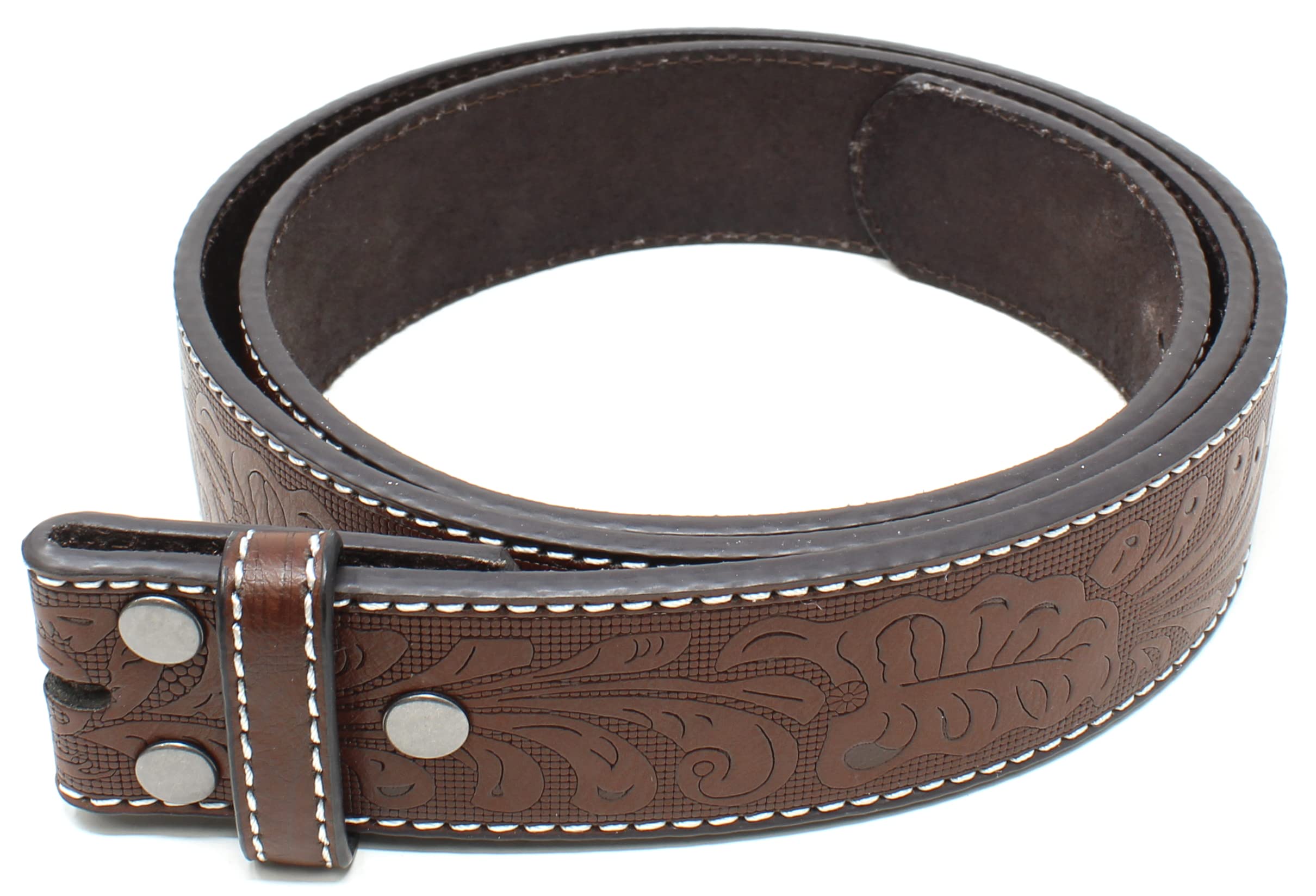 BC Belts Leather Belt Strap with White Stitching and Embossed Western Scrollwork 1.5" Wide with Snaps (Brown/White-L)