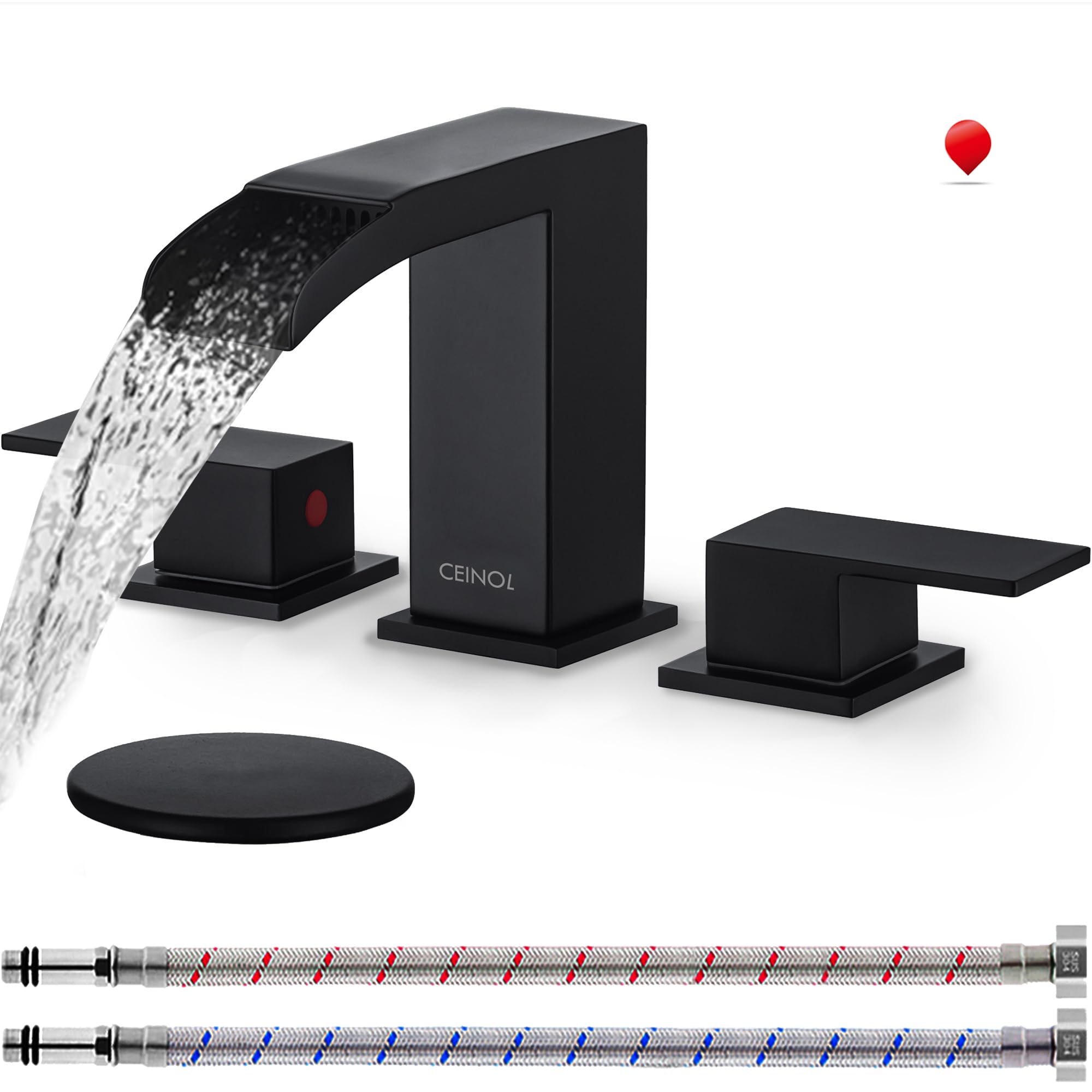 CEINOL Waterfall Bathroom Faucet Matte Black, Bathroom Sink Faucet 3 Hole, Widespread Bathroom Faucet Set with Pop Up Drain and Hose