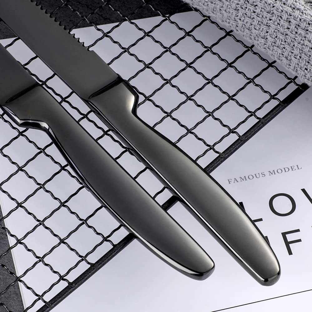 BYEGOU Black Steak Knife Sets, 6-Pieces Stainless Steel Kitchen Steak Knives-Easy to Clean and Non-Stick, 8.6 Inch, Dishwasher Safe