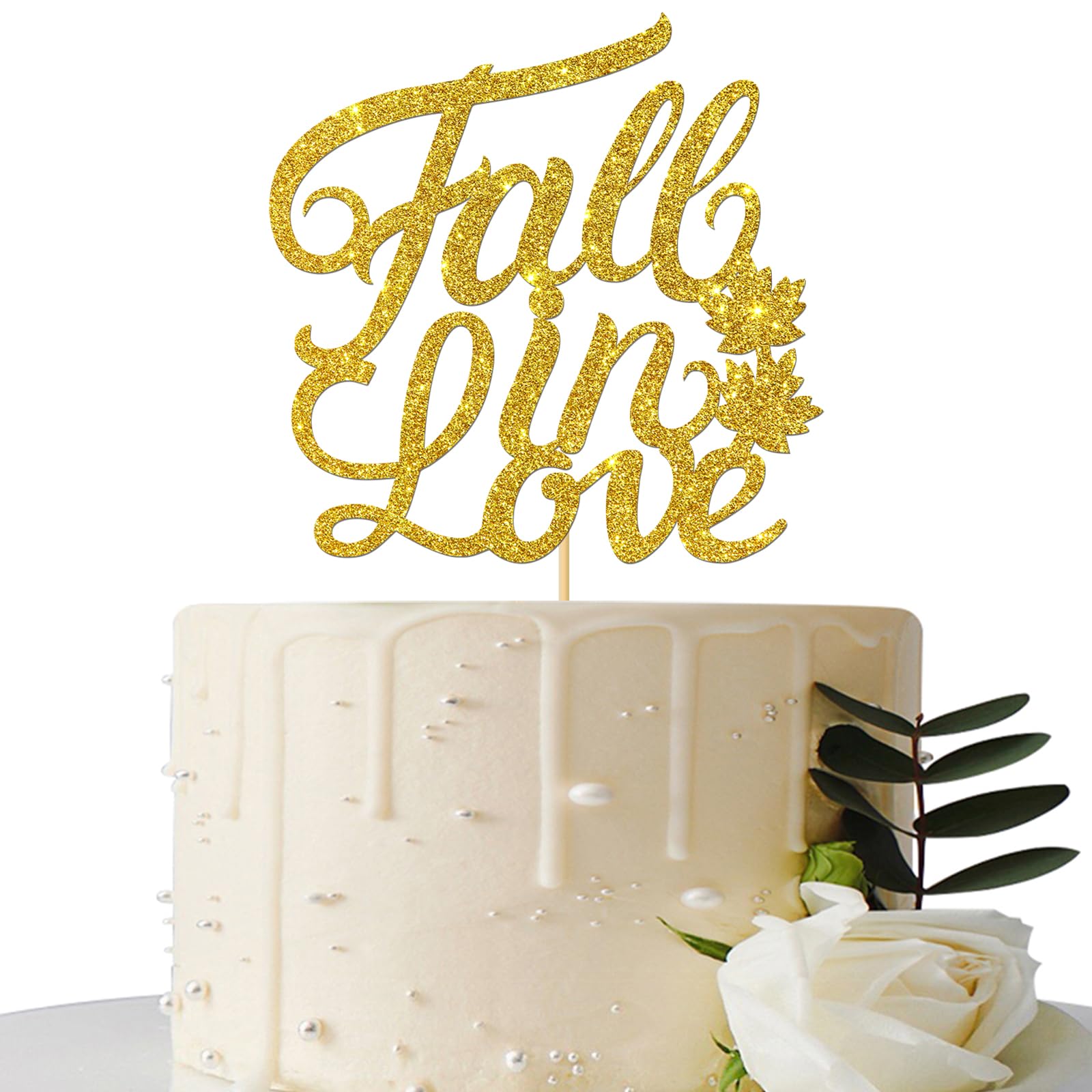 Gold Glitter Fall in Love Cake Topper - Fall Themed Wedding/Wedding Anniversary/Bridal Shower Party Decorations