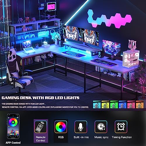 Unikito U Shaped Computer Desks with Hutch, 106 Inch Large Reversible L Shaped Office Desk with Power Outlets and LED Strip, U Shape Gaming Table with Monitor Stand and Storage Shelves, White Oak