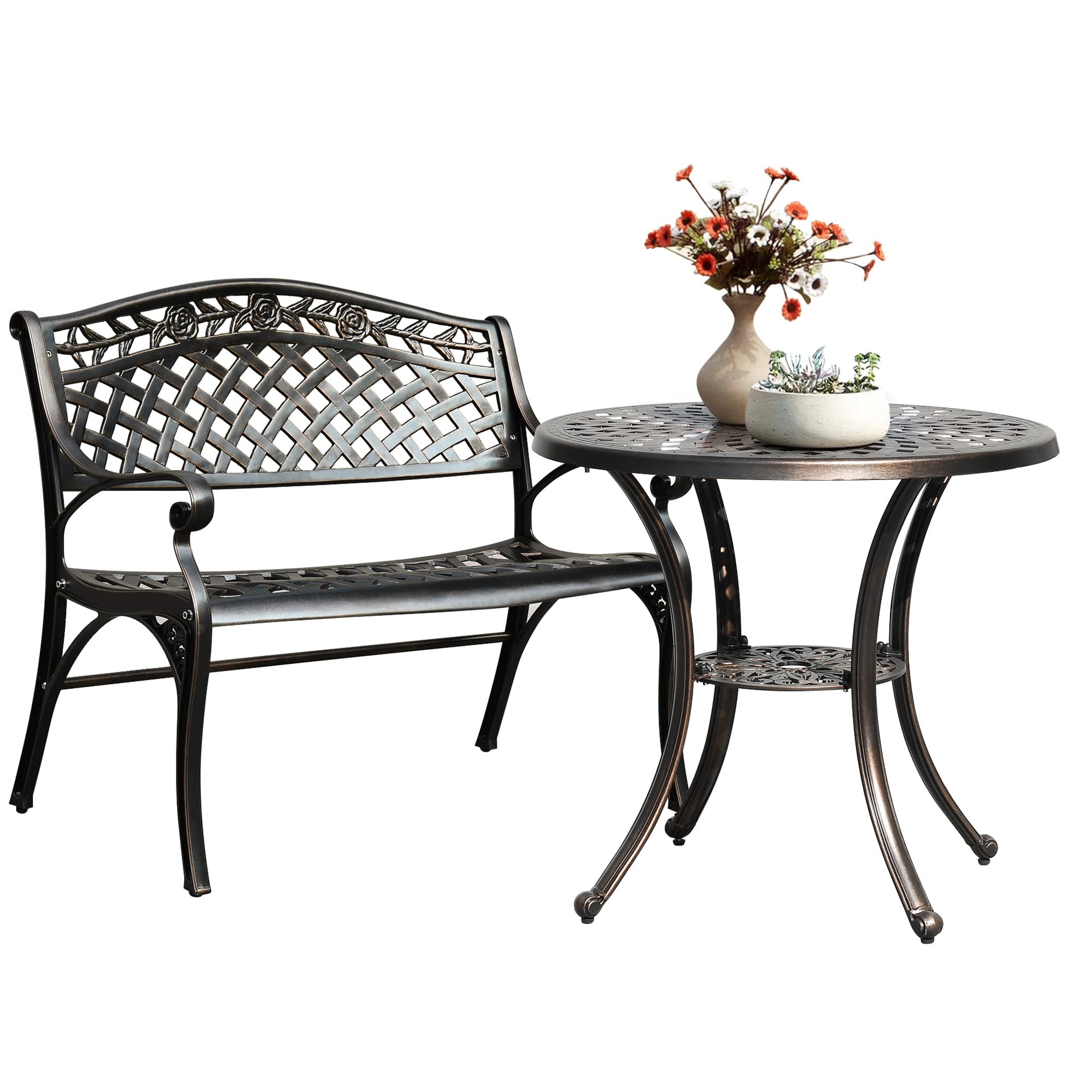 DWVO 2 Piece Outdoor Furniture Cast Aluminum Patio Dining Sets, 39.4 Inches Outdoor Patio Garden Bench, 30 Inches Round Table with Umbrella Hole, for Balcony Backyard Deck Garden Path Yard Lawn