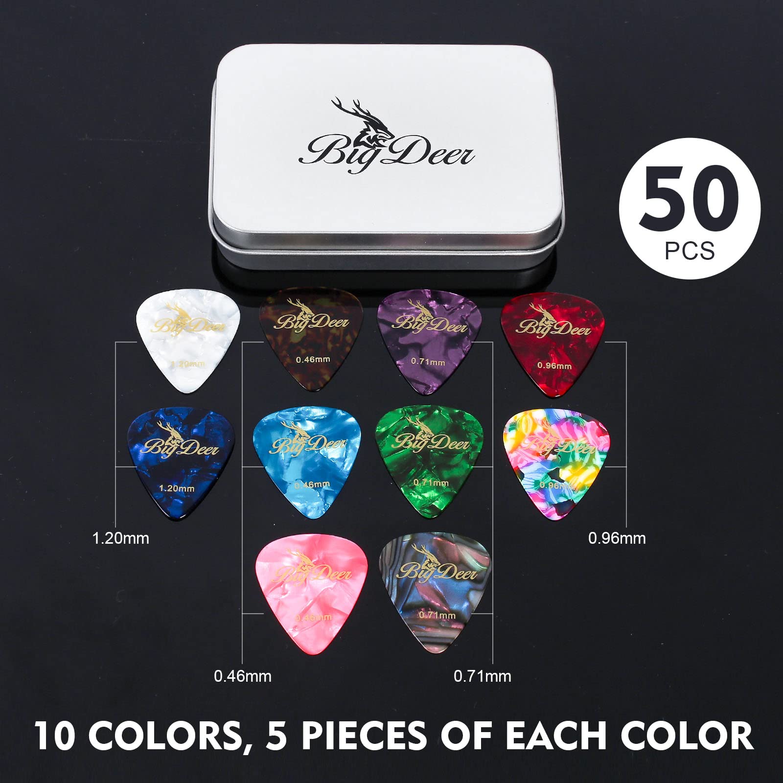 BigDeer 50 pack Celluloid Guitar Picks ,includes Thin,Medium, Heavy & Extra Heavy Picks Plectrums for Acoustic Guitar,Ukulele,Bass ,with 6 Guitar Selection Grips Silicone pad Wrapped in tin box