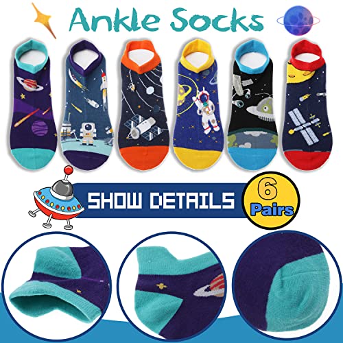 Welwoos Kids Boys Ankle Socks No Show Low Cut Funny Cute Cartoon Novelty Cotton Socks 6 Pairs Gifts Stocking Stuffers for Boys Kids(Space,5-8 Y)