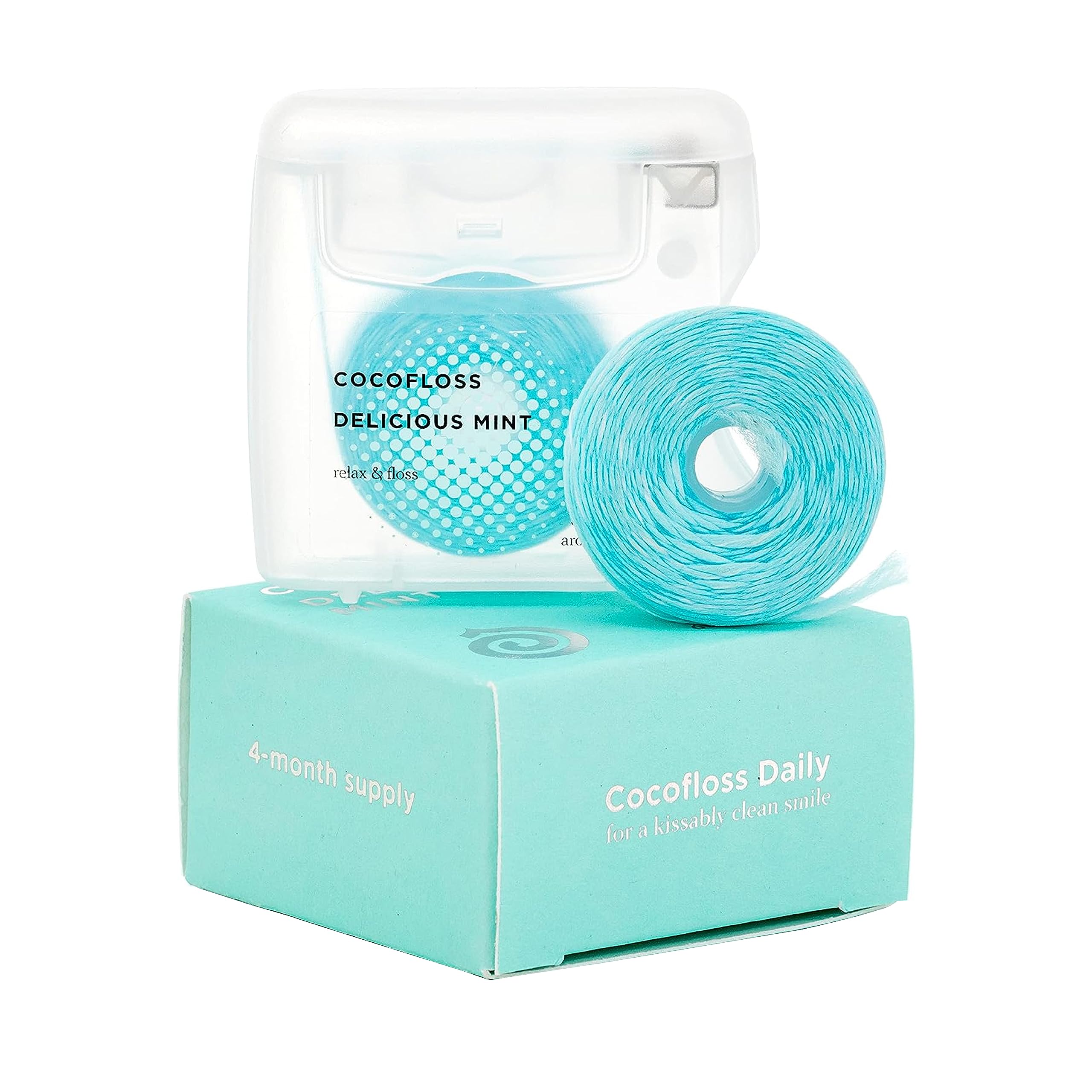 Cocofloss Woven Dental Floss, Dentist-Designed Oral Care, Mint, Waxed, Expanding, Vegan, Kid-Friendly Floss, 1 Spool with Dispenser and 1 Refill (2 x 33 yd)